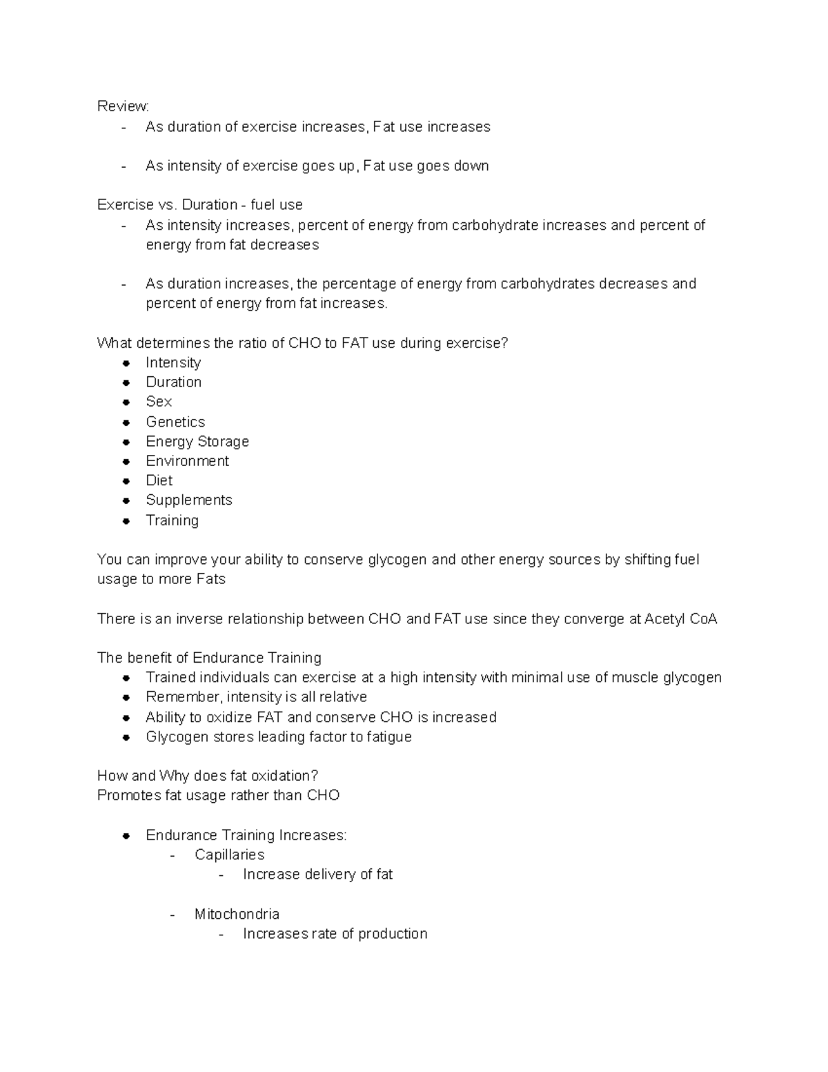 Factors Influencing Fat vs. CHO - Review: - As duration of exercise ...
