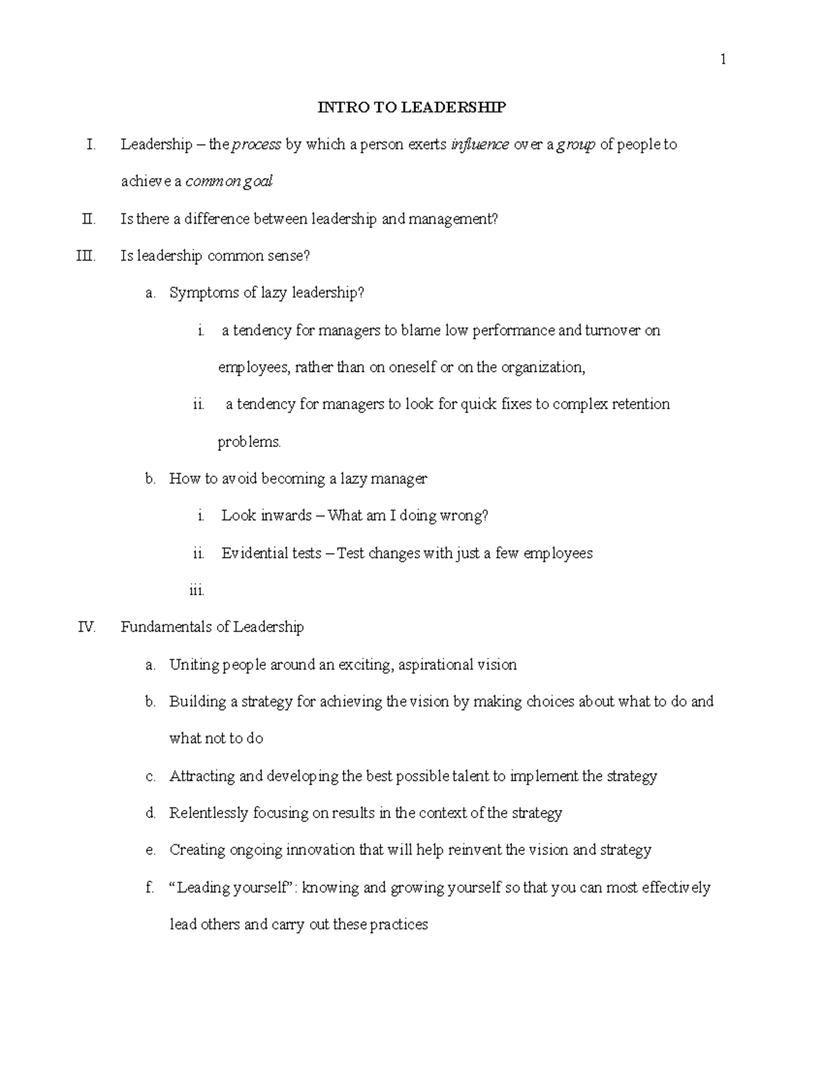 1 - Intro to Leadership - 1 INTRO TO LEADERSHIP I. Leadership – the ...