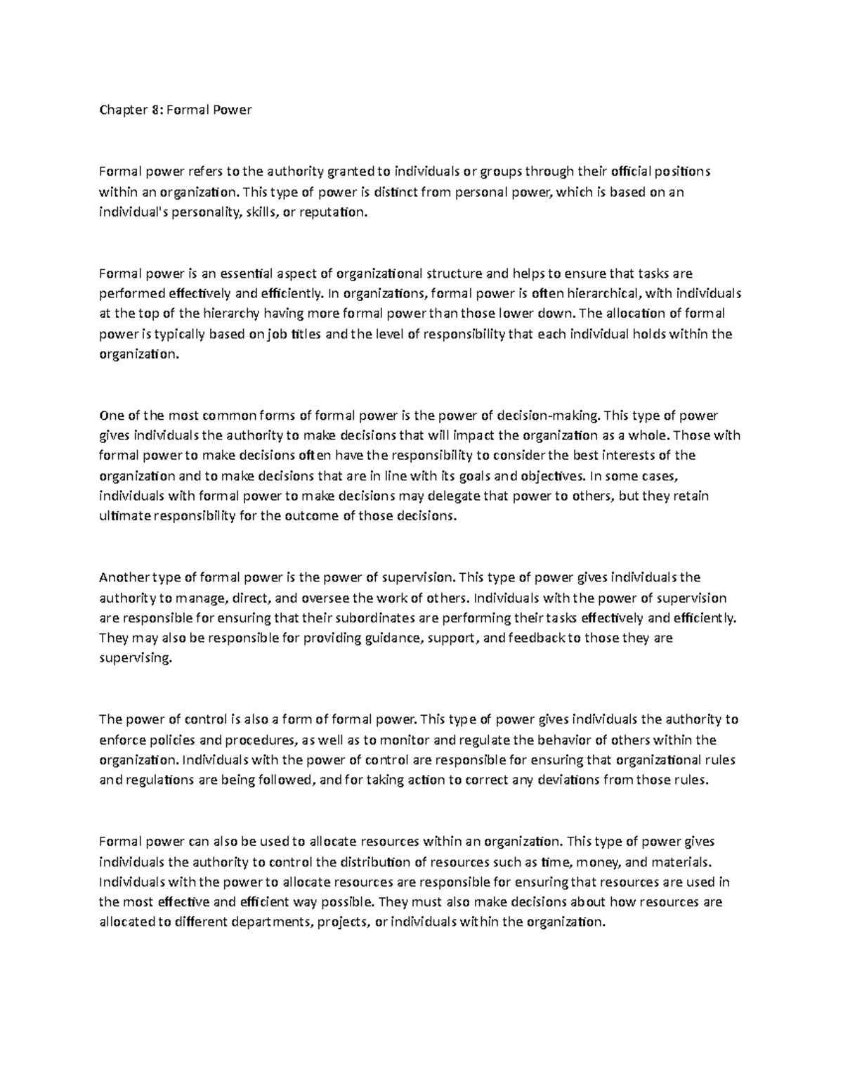 Mngt4720 Chapter 8 Formal Power - Chapter 8: Formal Power Formal power ...