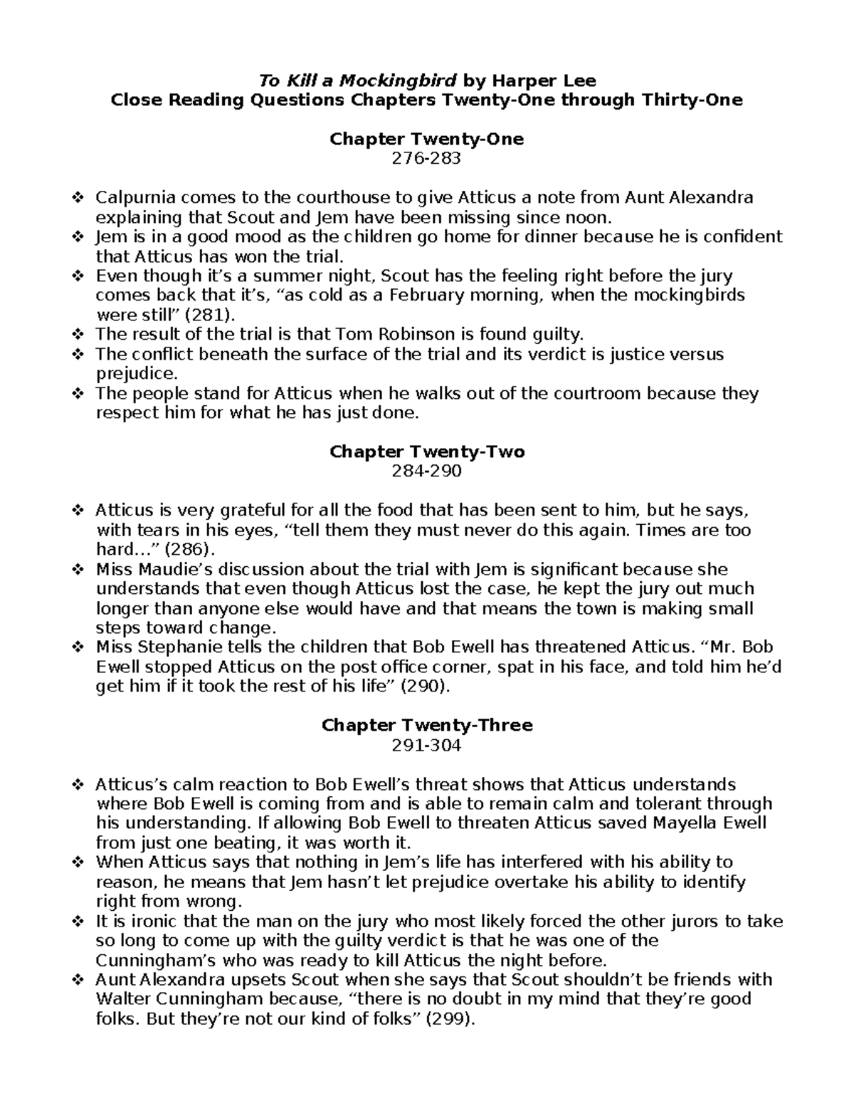 Ch. 21-31 Close Reading Questions Handout Key - To Kill a Mockingbird ...