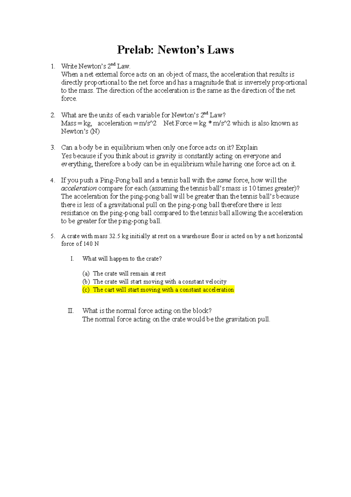 Newton's law prelab - Pre-lab - Prelab: Newton’s Laws Write Newton’s ...