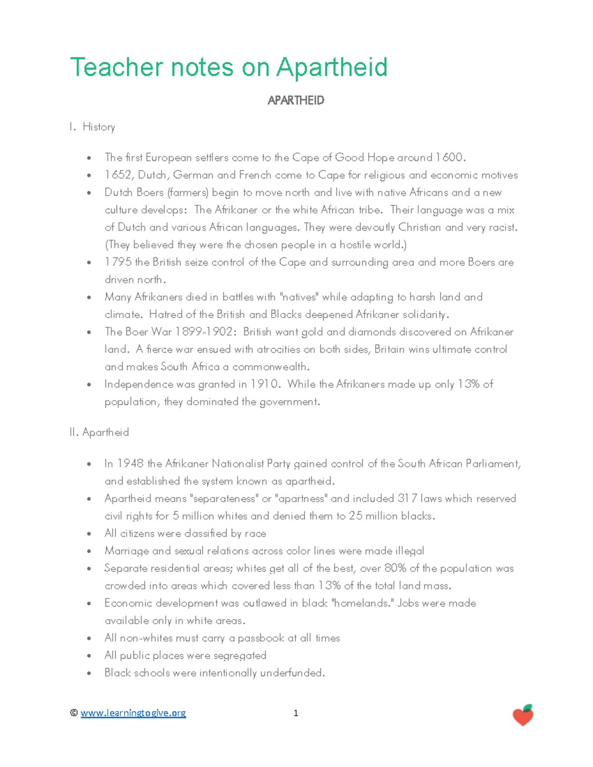 Teacher note on Apartheid - © learningtogive 1 Teacher notes on ...