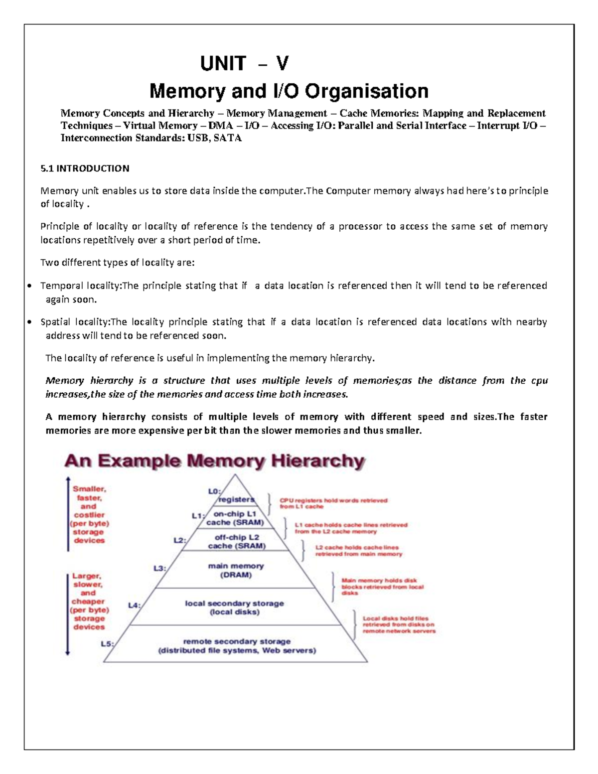 DPCO Unit 5notes - unit 5 - UNIT – V Memory and I/O Organisation Memory ...