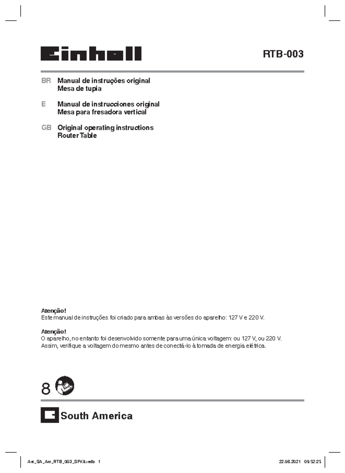 Mesa para router einhell RTB-003 - RTB- 8 BR Manual de instruções ...