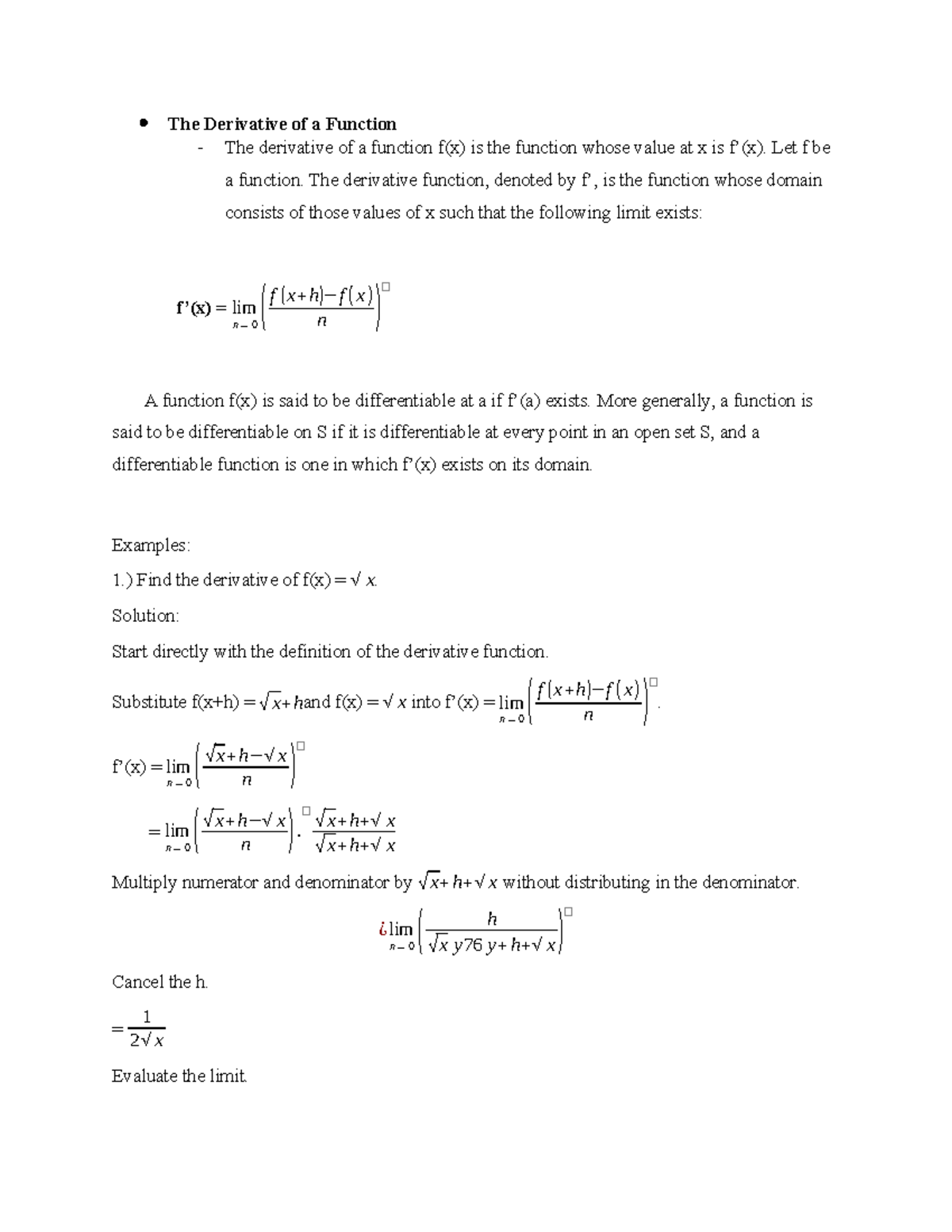 Review-materials - FOR NOTES - The Derivative of a Function The ...