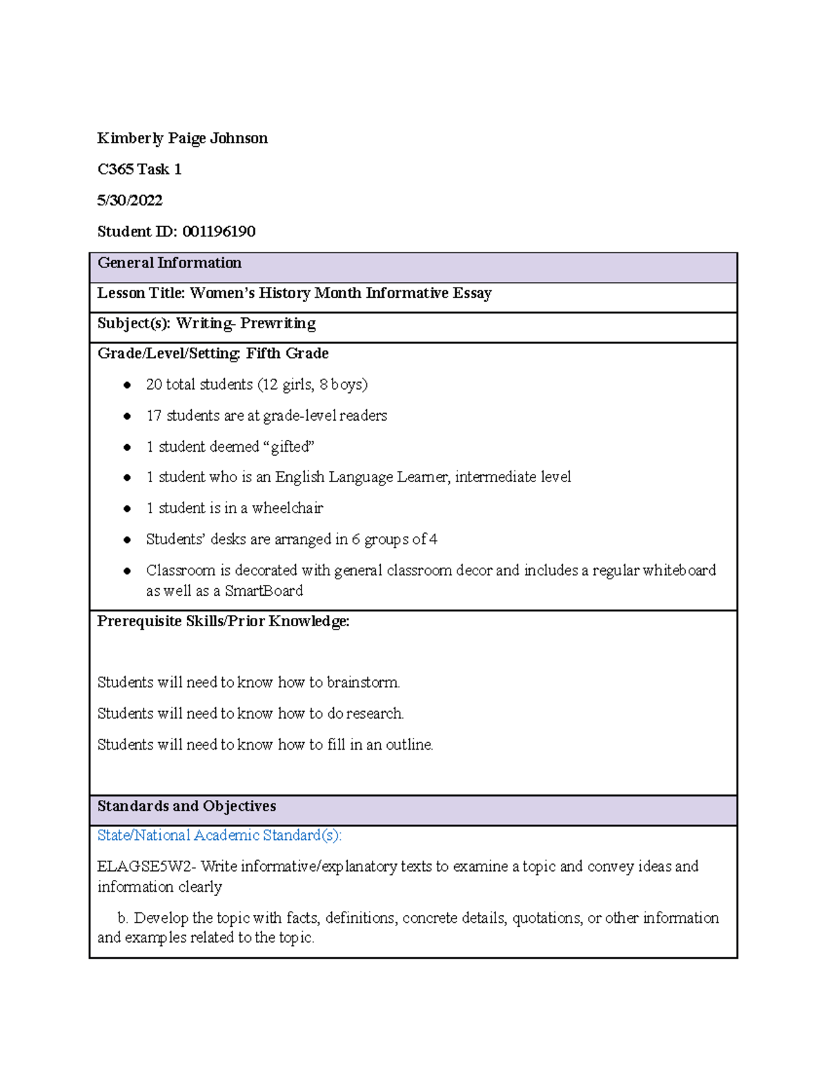 C365 Task 1 - This is a passed Task 1 for Language Arts Instruction and Intervention - Kimberly ...