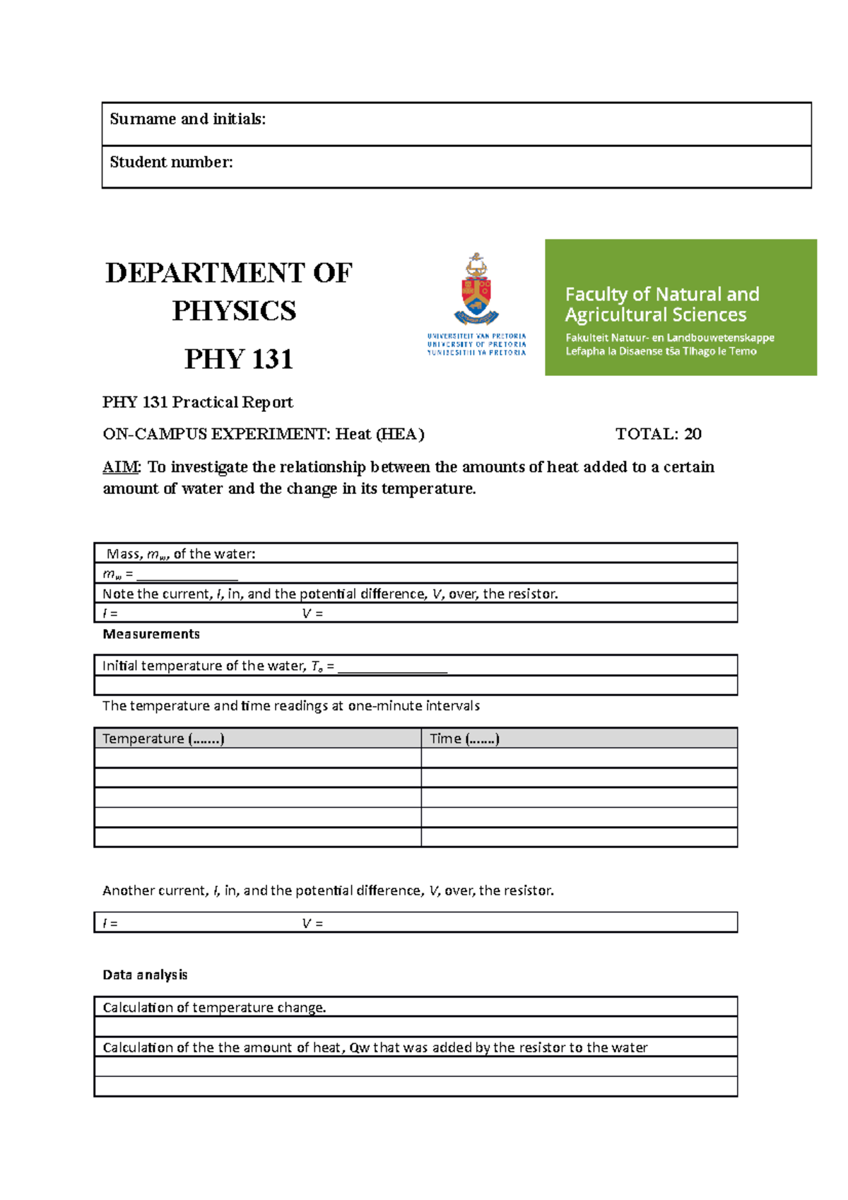 Heat practical for physics - PHY 133 - UP - Studocu