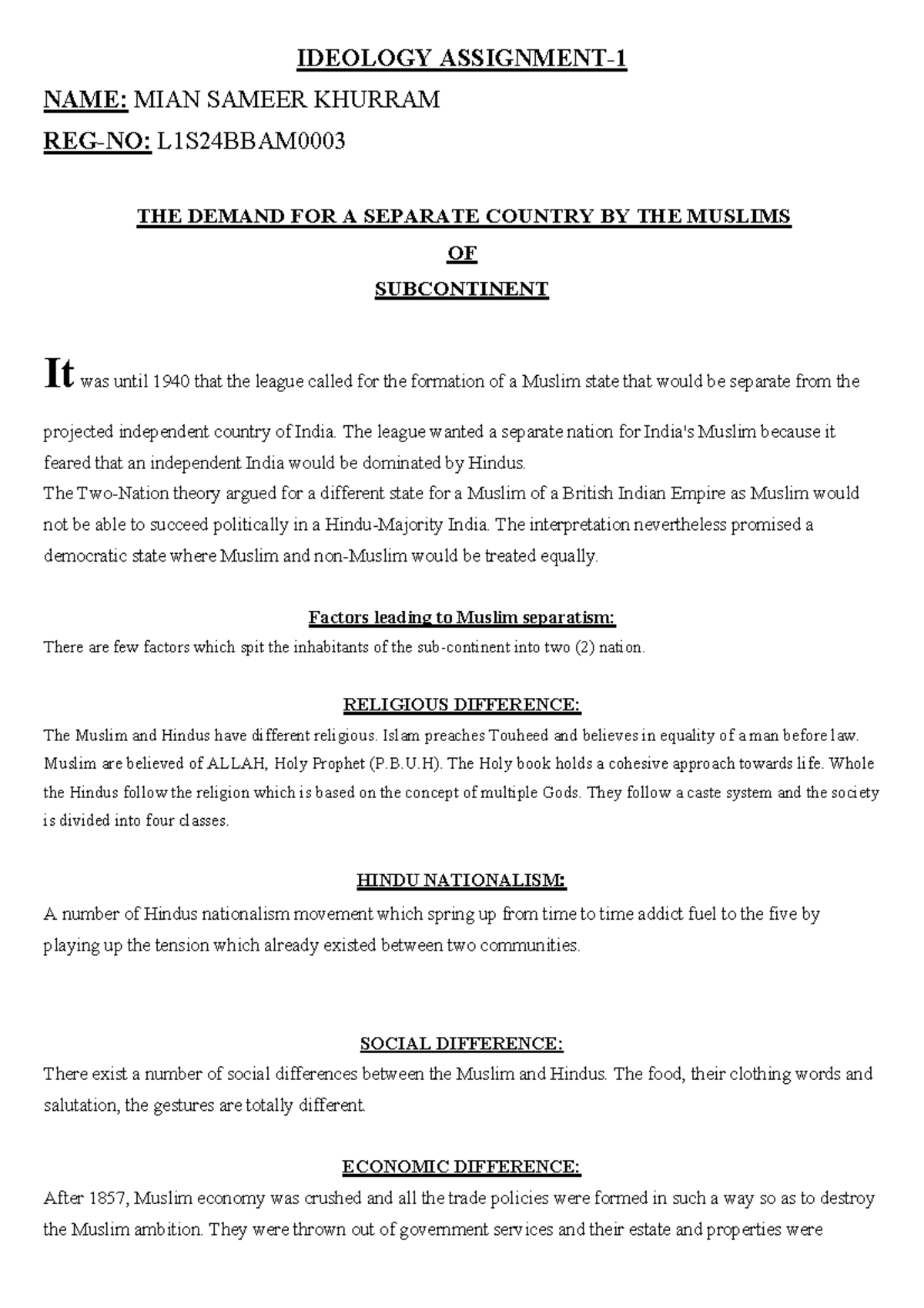 Ideology Assignment (0003) - IDEOLOGY ASSIGNMENT- 1 NAME: MIAN SAMEER KHURRAM REG-NO: L1S24BBAM ...