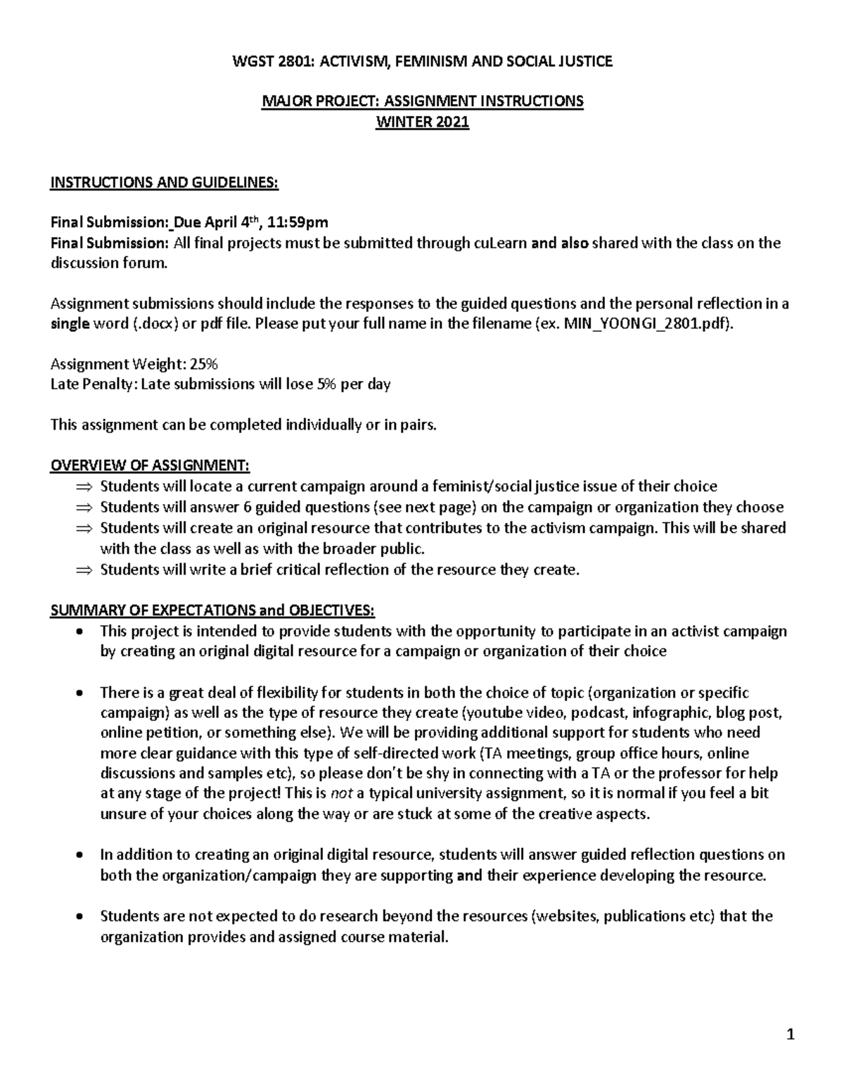 Activism Assignment Description - 1 WGST 2801: ACTIVISM, FEMINISM AND ...