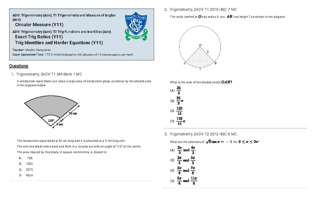 4 Trigonometry Part 2 - Maths - 1. Trigonometry, 2ADV T1 SM-Bank 1 MC ...
