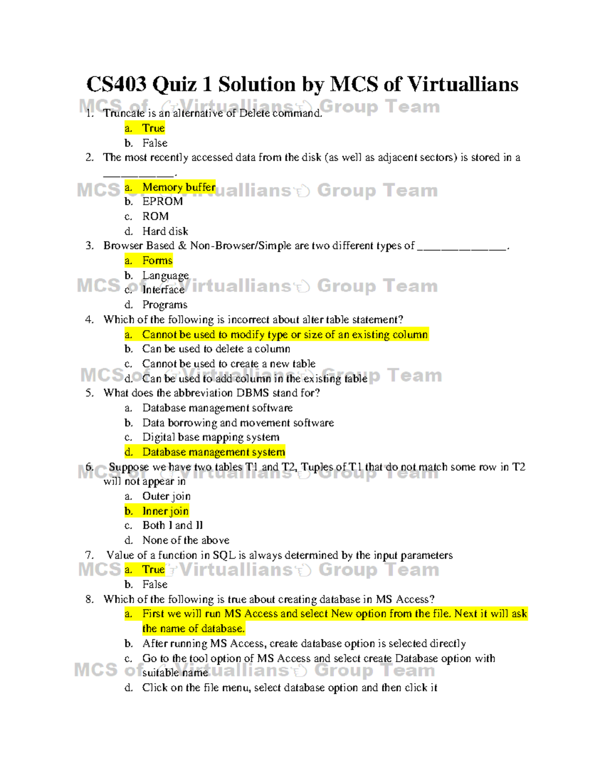 Cs403 Quiz 1 Solution By Mcs Of Virtuallians Cs403 Quiz 1 Solution By