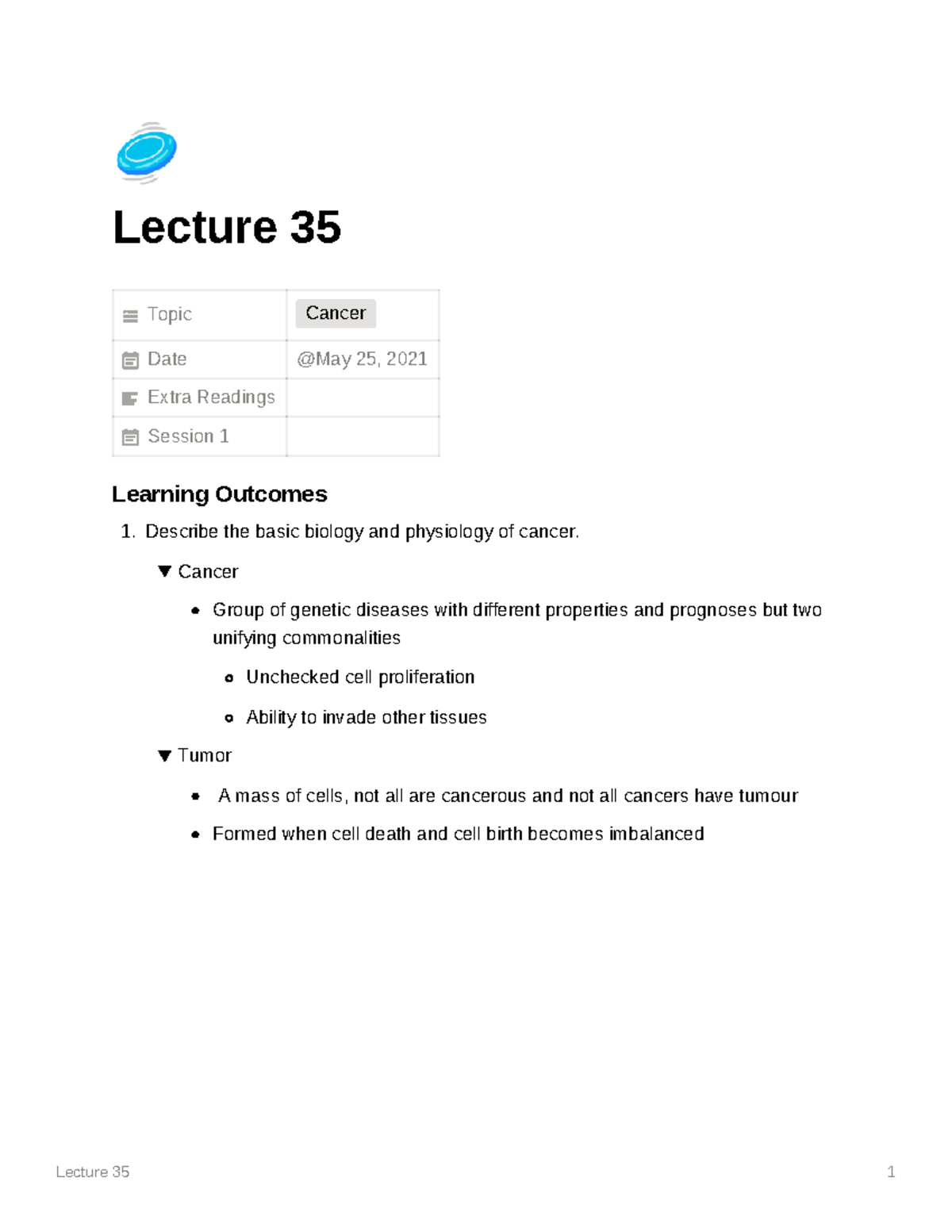Lecture 35 - Summary about cancer - } Lecture 35 Topic Cancer Date ...