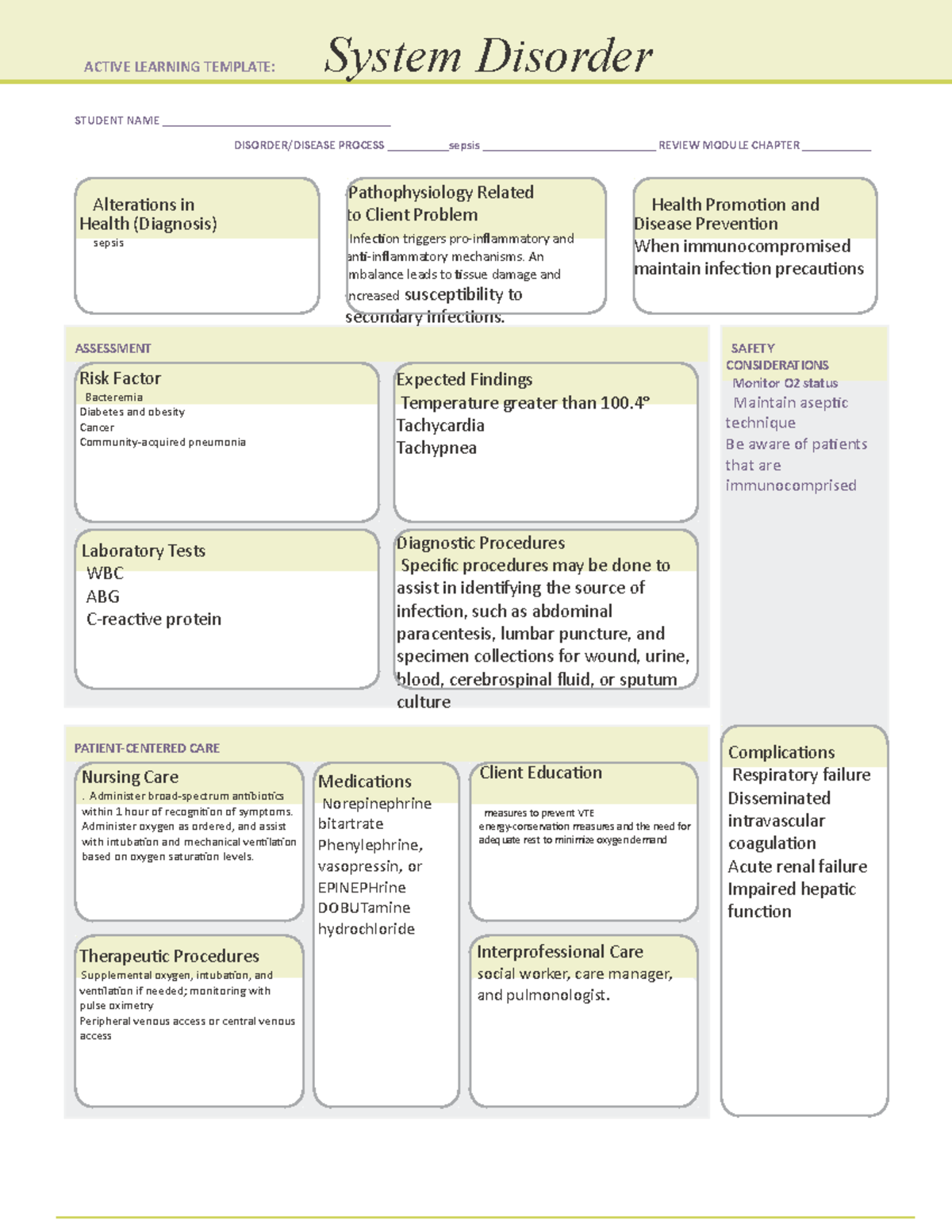Sepsis - SYSTEM DISORDER - STUDENT NAME ...