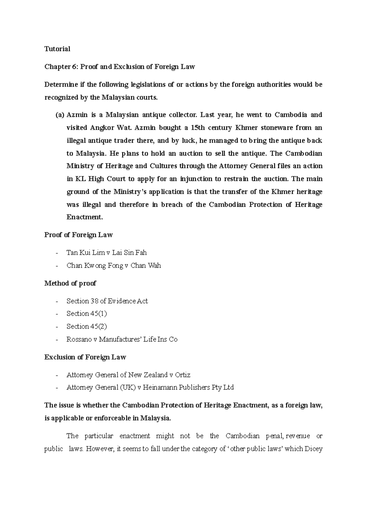 Tutorial 6 week 4 - Tutorial Chapter 6: Proof and Exclusion of Foreign ...