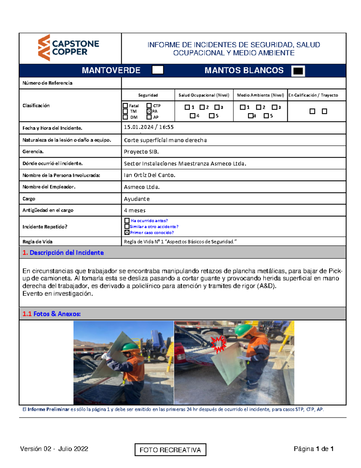 Flash Report - Corte superficial mano derecha al manipular planchas MB ...
