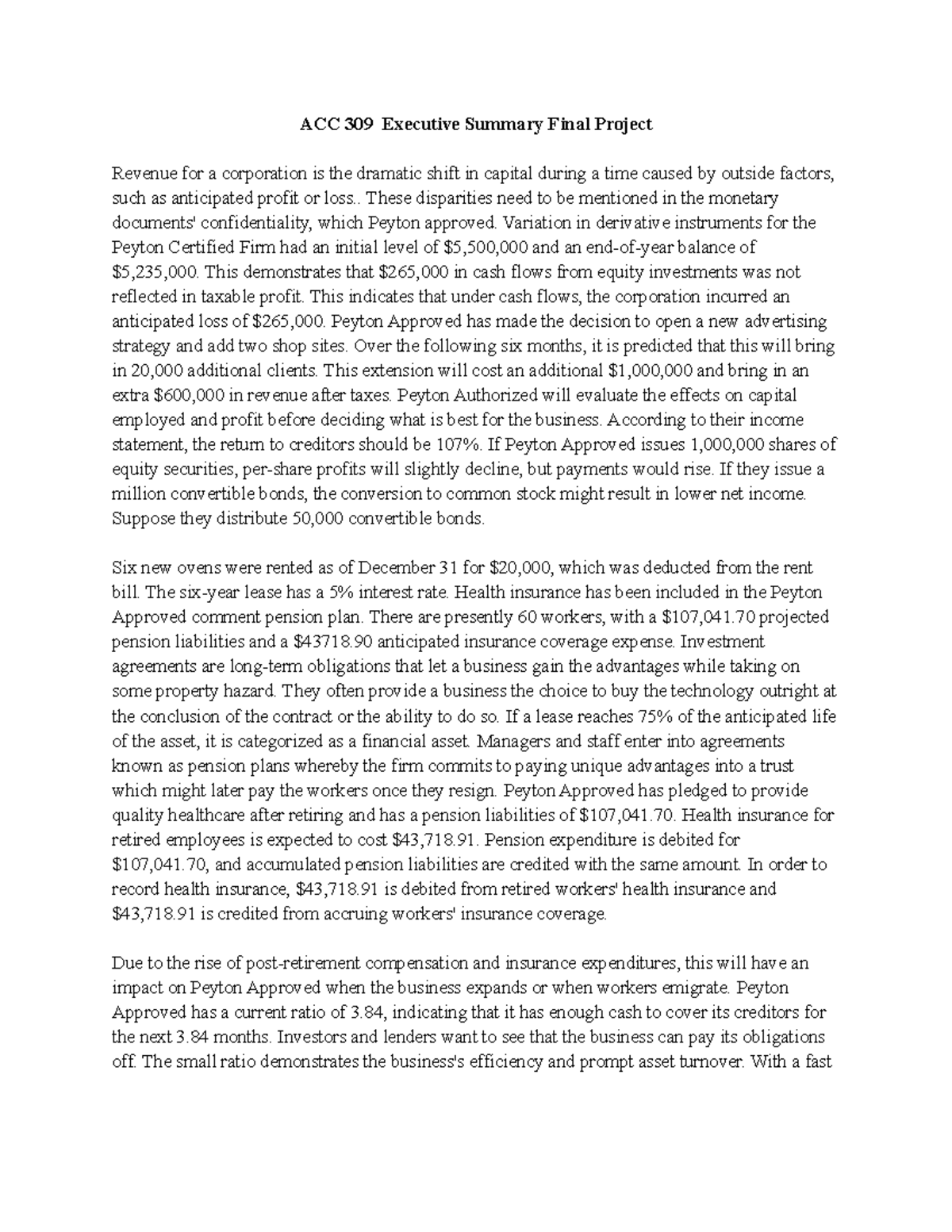 ACC 309 Executive Summary Final Project - ACC 309 Executive Summary ...