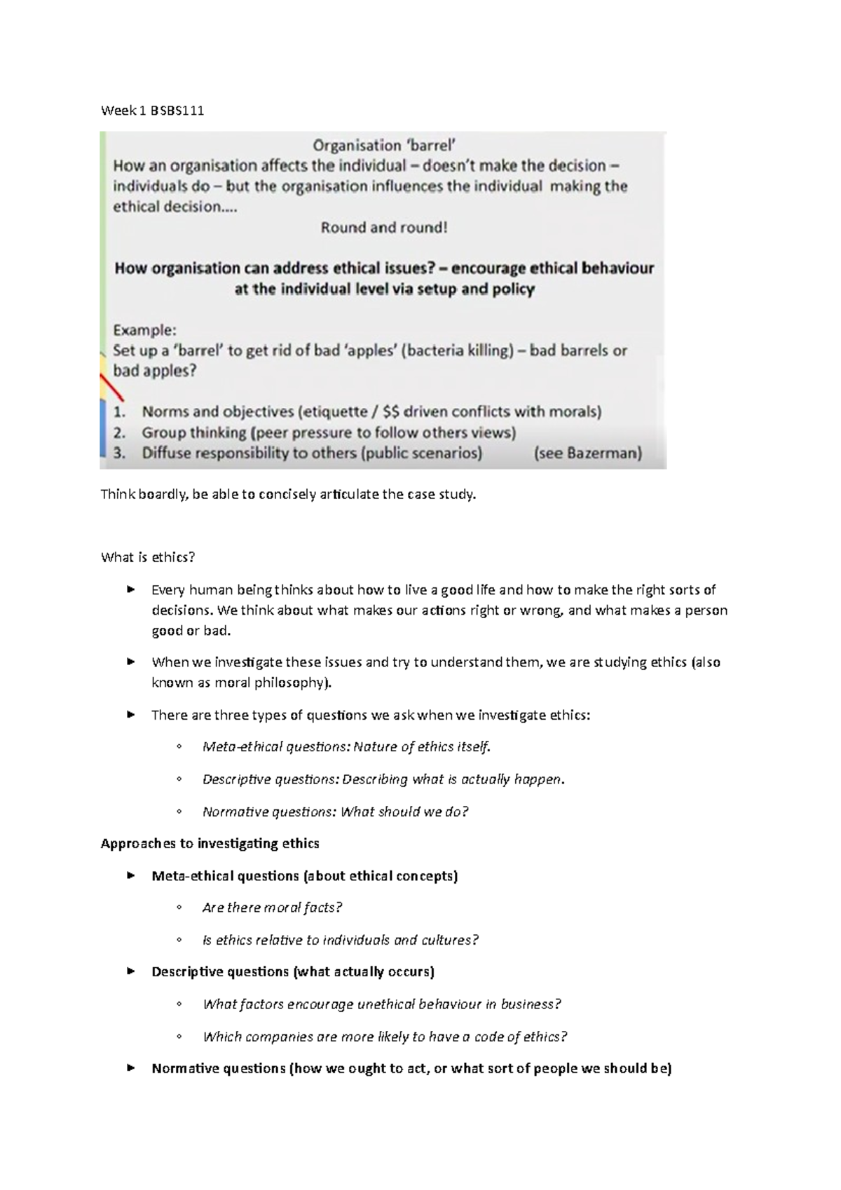 BSB111 Notes WEEK 1 - Week 1 BSBS111 Think boardly, be able to ...