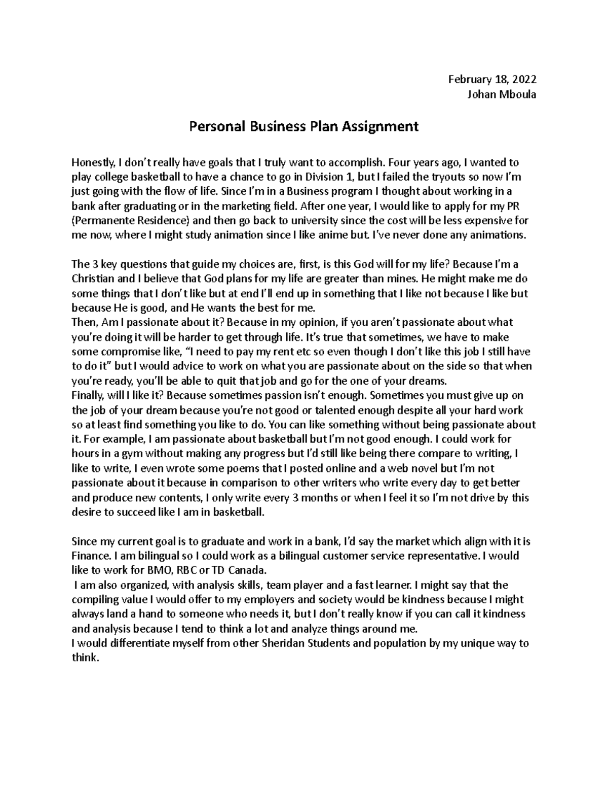 Personal Business Plan - February 18, 2022 Johan Mboula Personal Business Plan Assignment ...
