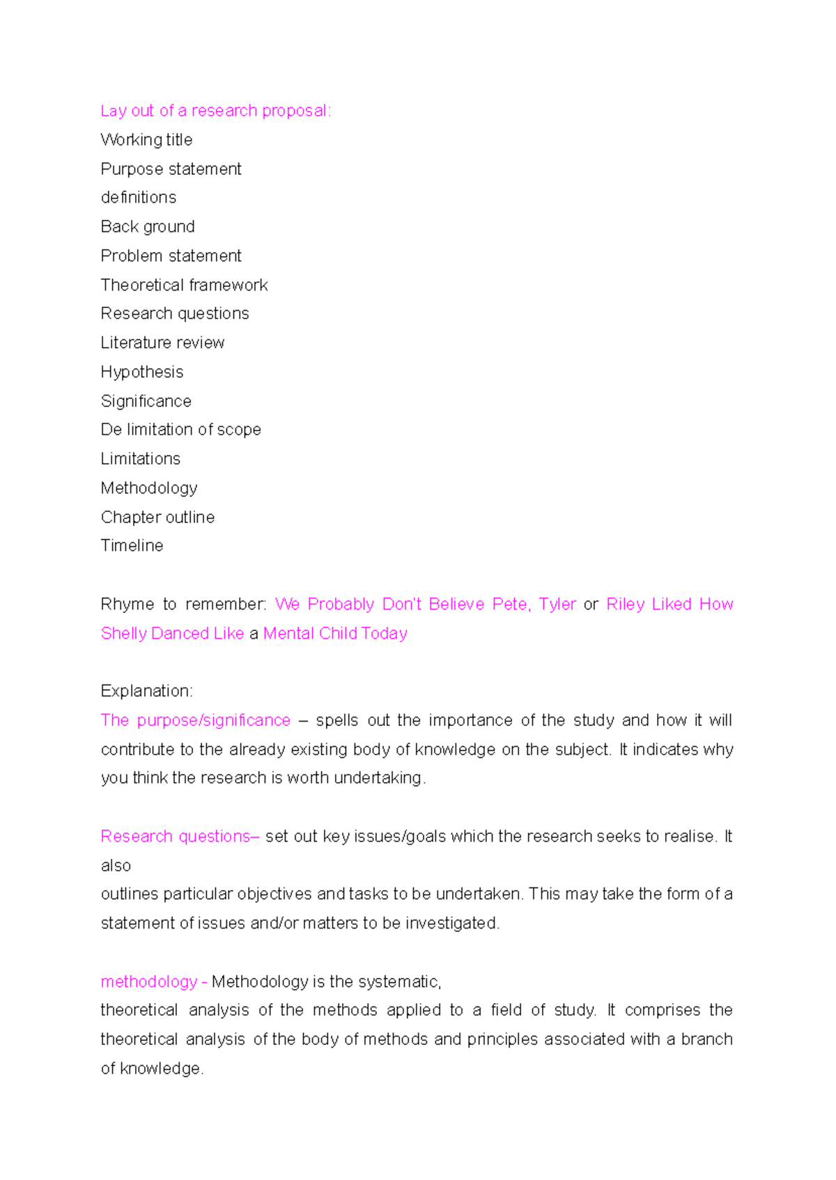 Research exam notes - Lay out of a research proposal: Working title ...