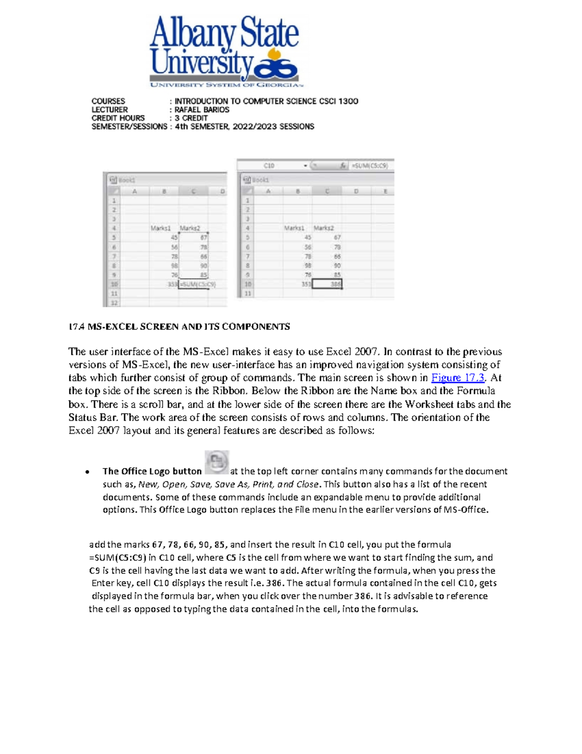 Csci 1300 Introdution To Computer Science Bab 20230421 044521 22 17 Ms Excel Screen And Its