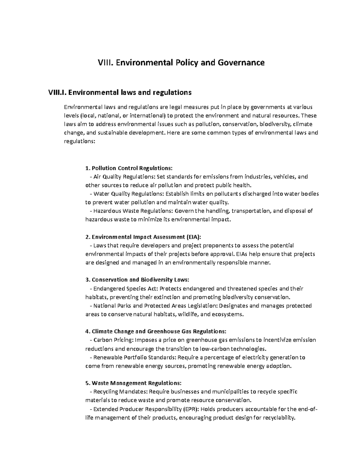 Environmental Science chapter 8 - VIII. Environmental Policy and ...