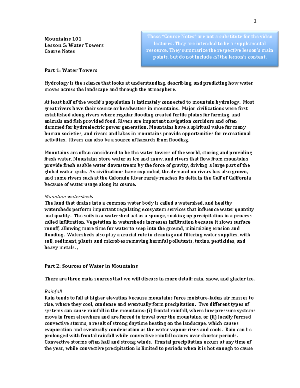 Lesson 5 - Mountains 101 - **Mountains 101 Lesson 5: Water Towers ...