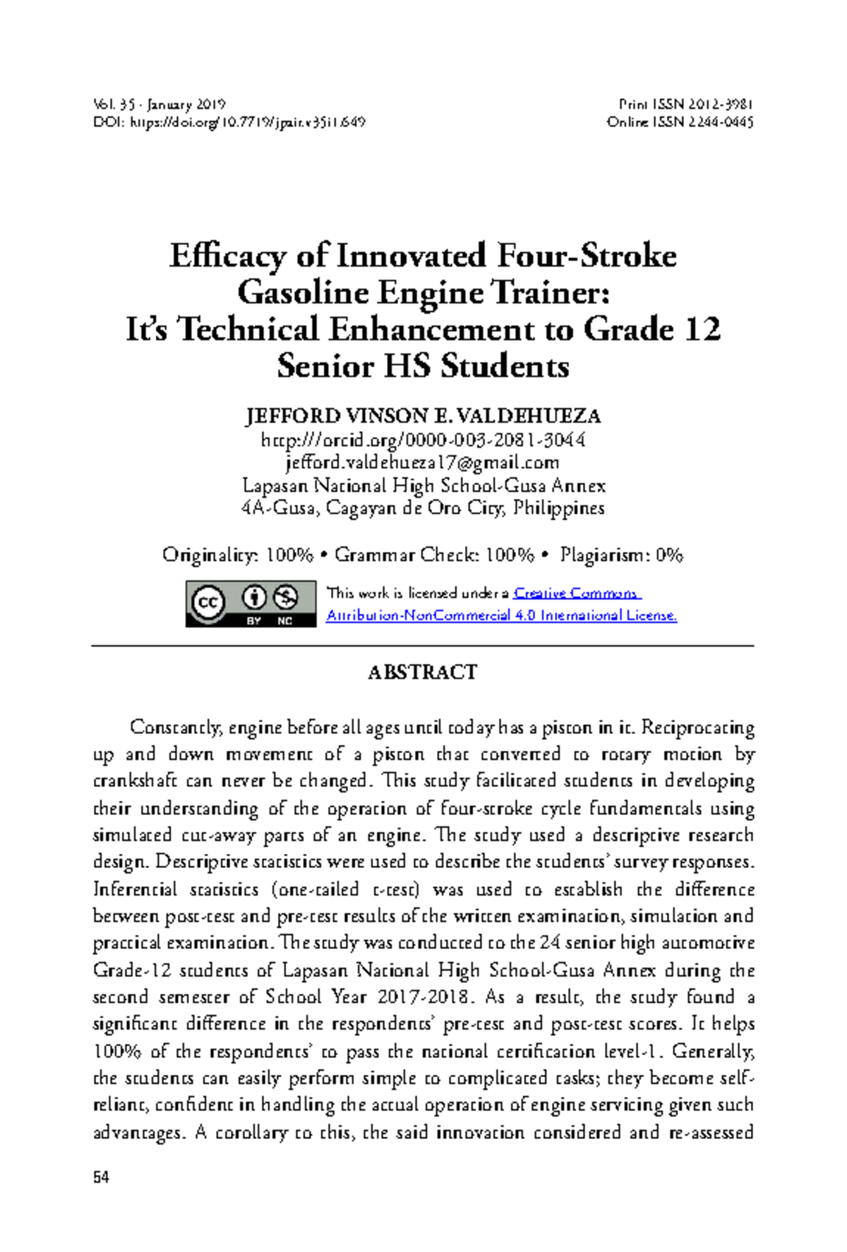 Efficacy of Innovated Four-Stroke Gasoline Engine - JPAIR ...
