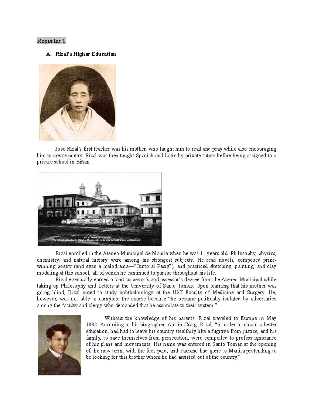 Reporter 1 - rizal - Reporter 1 A. Rizal’s Higher Education Jose Rizal ...