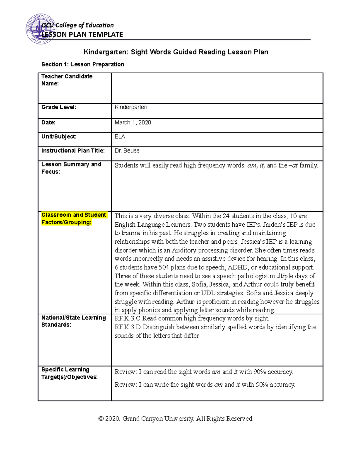 SPD-200 Differentiating Instruction - LESSON PLAN TEMPLATE Kindergarten ...