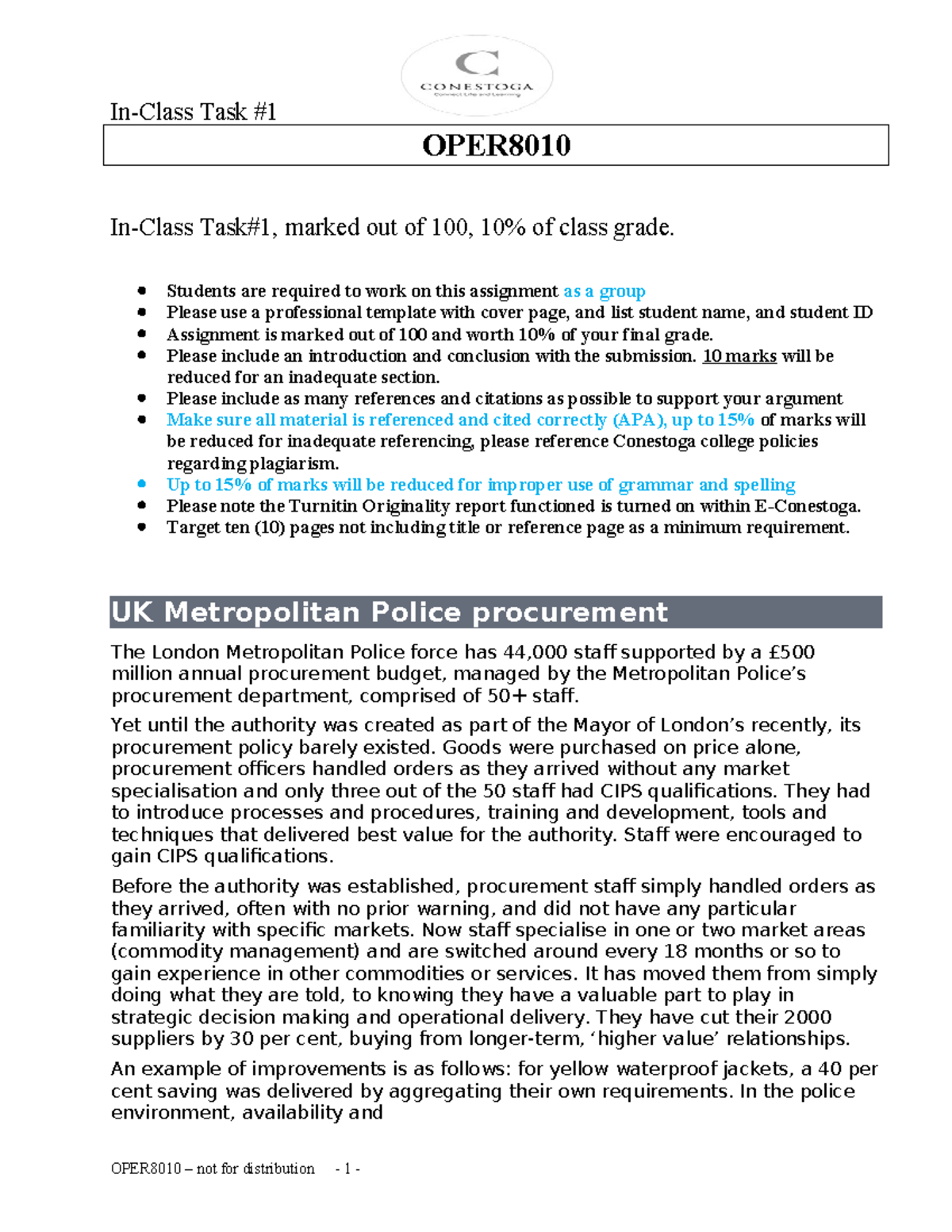 OPER8010 In-Class Assignment #1 - W2024 - In-Class Task OPER In-Class Task#1, marked out of 100 ...