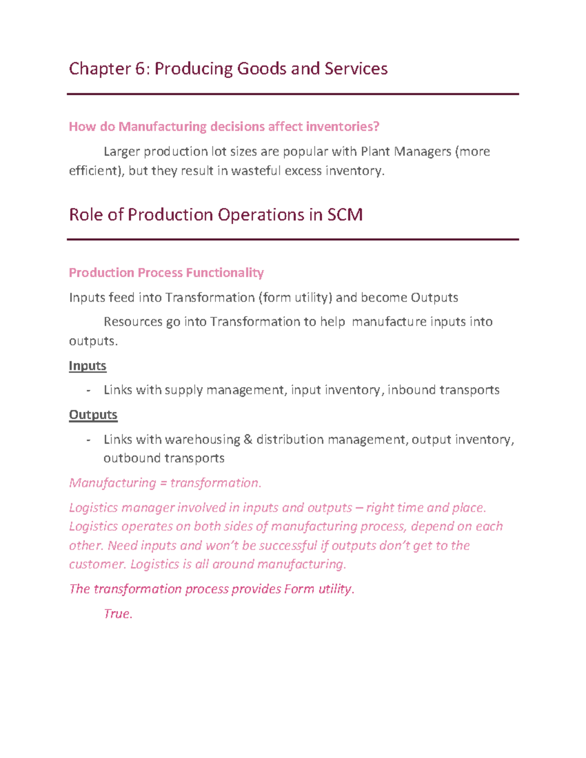 SCMN Chapter 6 Notes 3710 - Chapter 6: Producing Goods and Services How ...