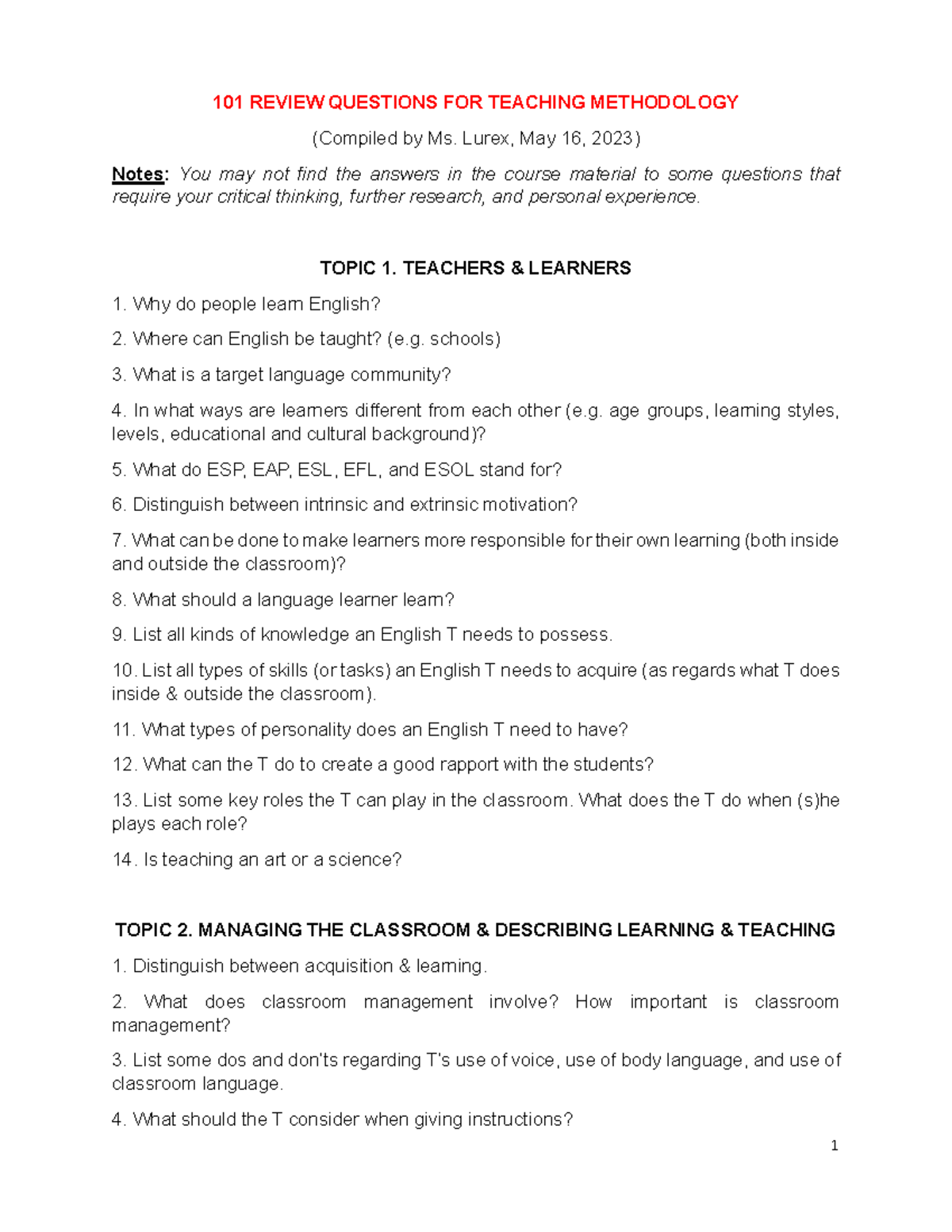 101 Review Questions FOR TM - 101 REVIEW QUESTIONS FOR TEACHING ...