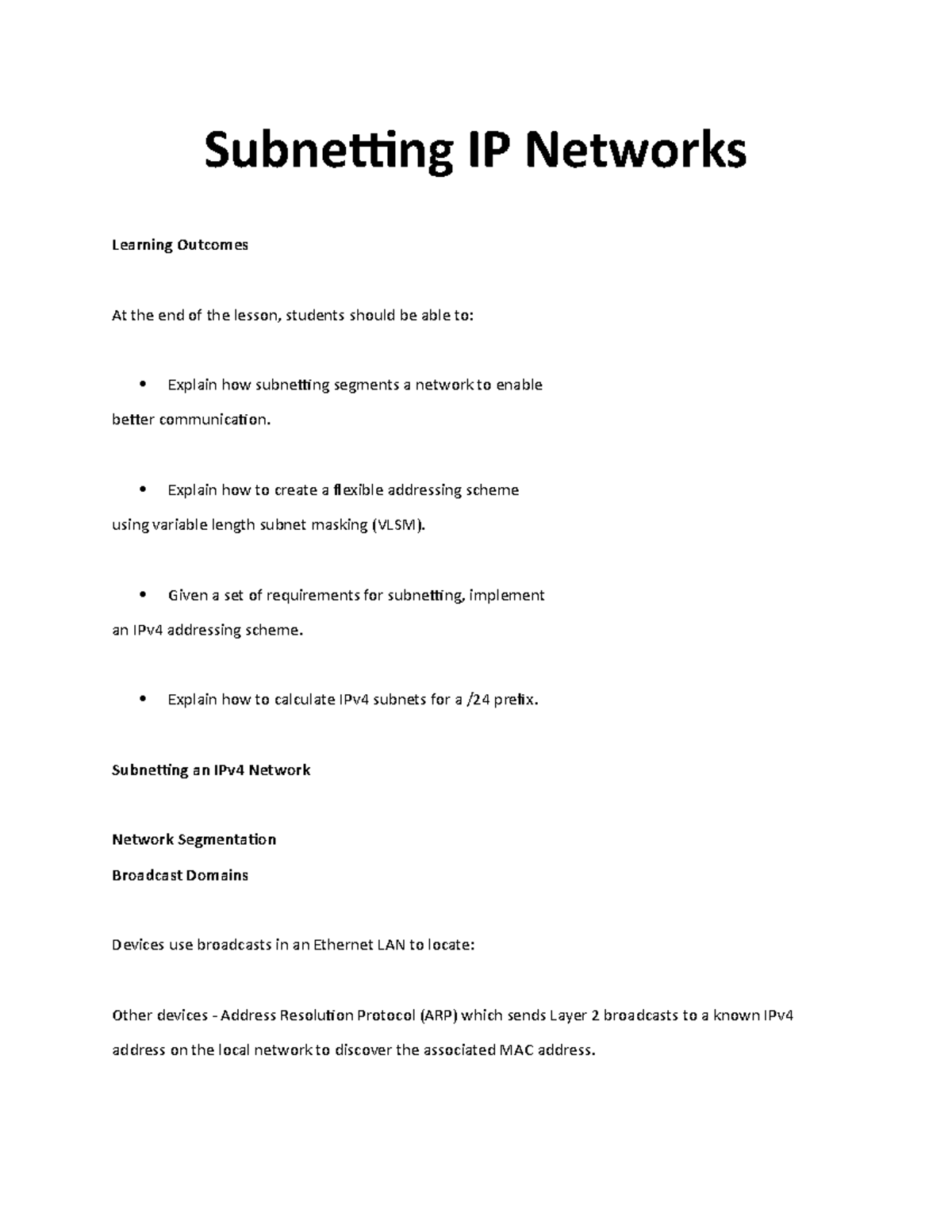 Subnetting Ip Networks Subnetting Ip Networks Learning Outcomes At The End Of The Lesson