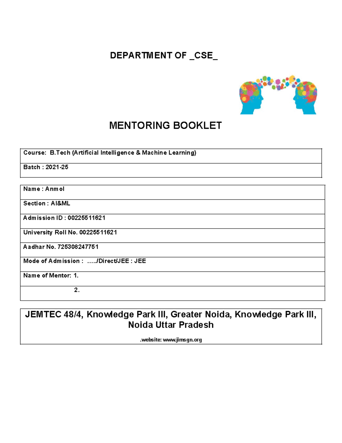 Mentor Mentee Booklet JIMS - DEPARTMENT OF CSE MENTORING BOOKLET Course ...