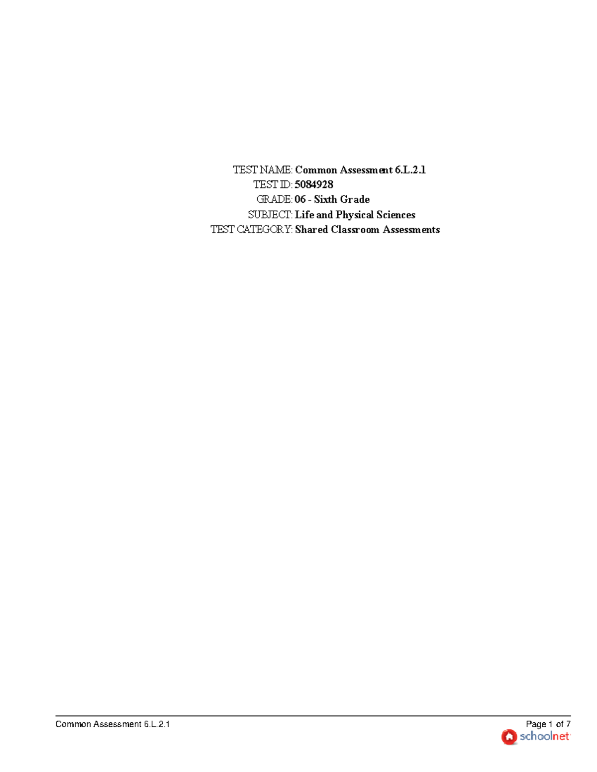 Common Assessment 6.L - kingstone - TEST NAME: Common Assessment 6.L ...