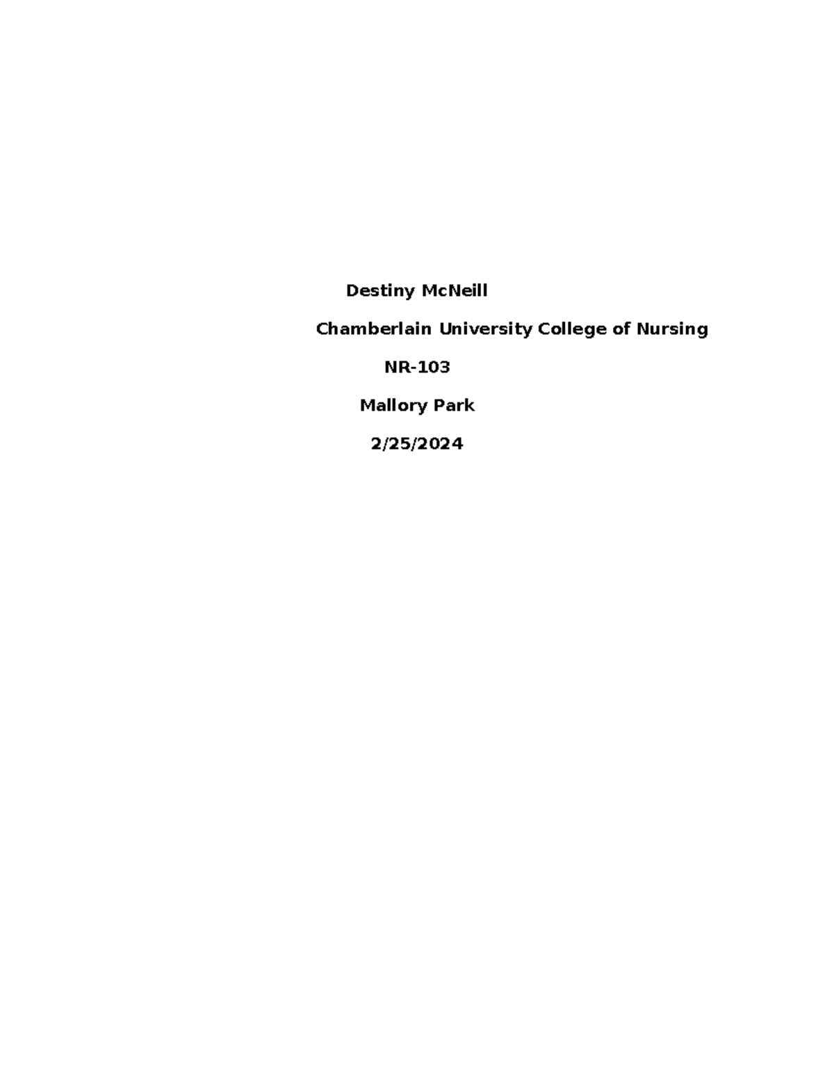 Mindfulness week 7 - worksheet - Destiny McNeill Chamberlain University ...