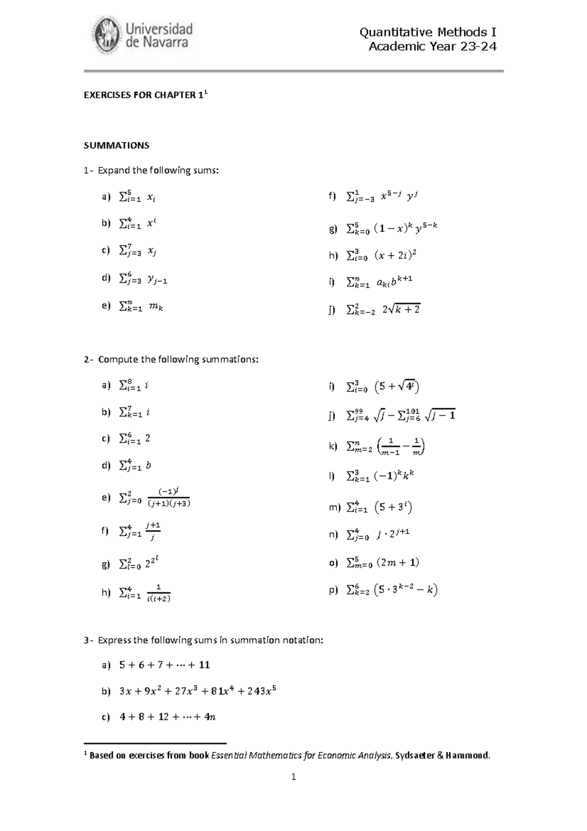 Exercises ch1 2324 - Ejercicios chapter 1 - Academic Year 2 3 - 24 EXERCISES FOR CHAPTER 1 1 ...