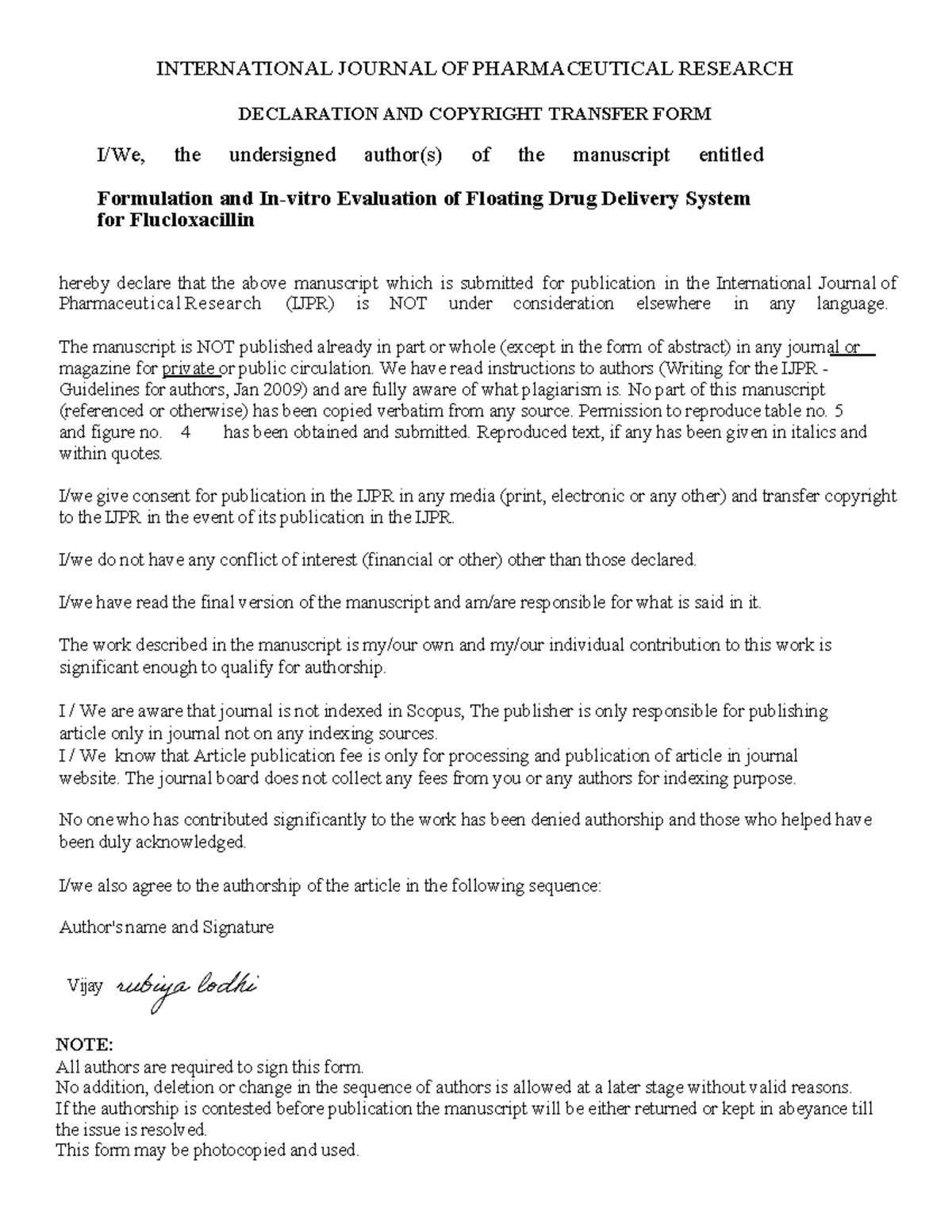 Vijay IJPR Copyriht FORM (1) - INTERNATIONAL JOURNAL OF PHARMACEUTICAL ...