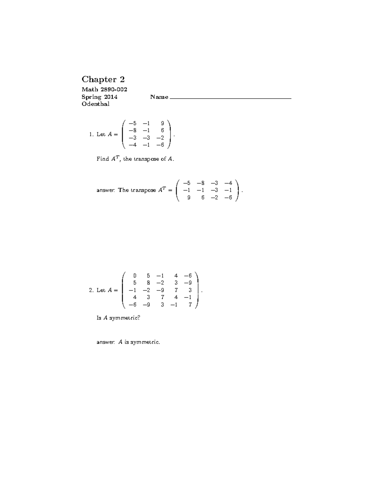 Chapter 2 - Spring 2014. - assigned problems - Chapter 2 Math 2890-002 ...