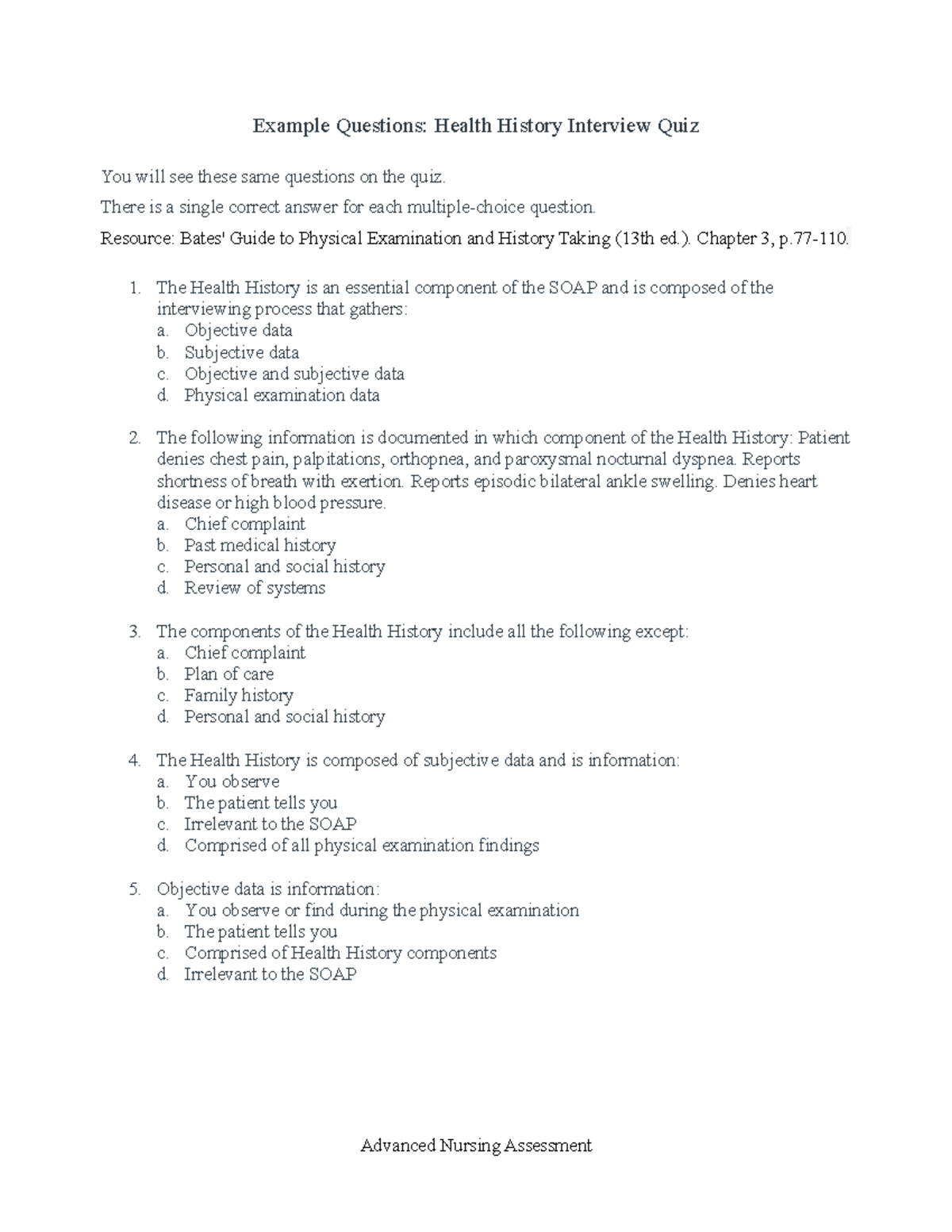 Example Questions - Health History Interview Quiz - Example Questions ...