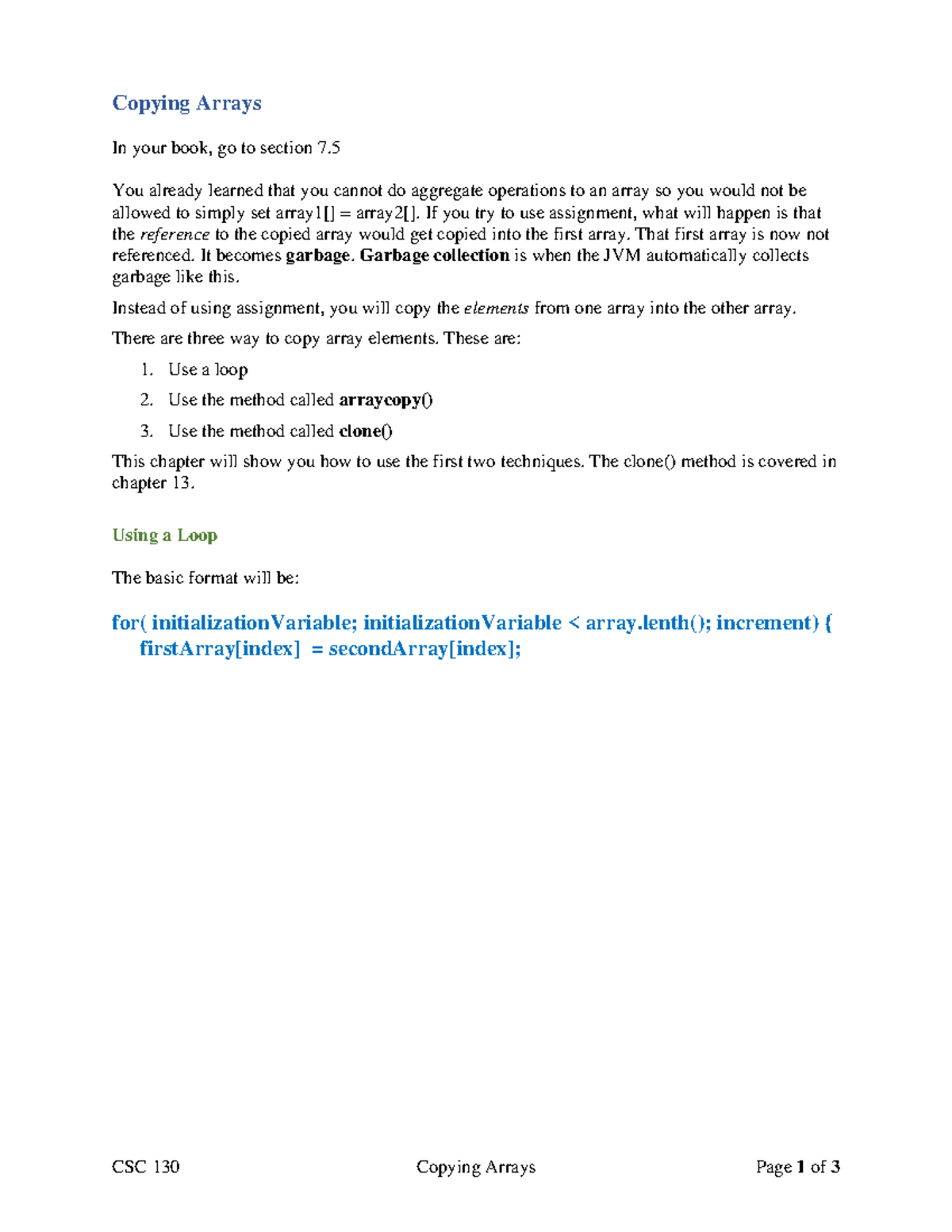Copying Arrays-1 - Professor Christine Kikuchi - CSC 130 Copying Arrays ... Copying Arrays-1 - Professor Christine Kikuchi - CSC 130 Copying Arrays ...
