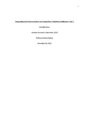 D218 Leadership Skills and Mindset Reflection Task 2 - Task 2 ...