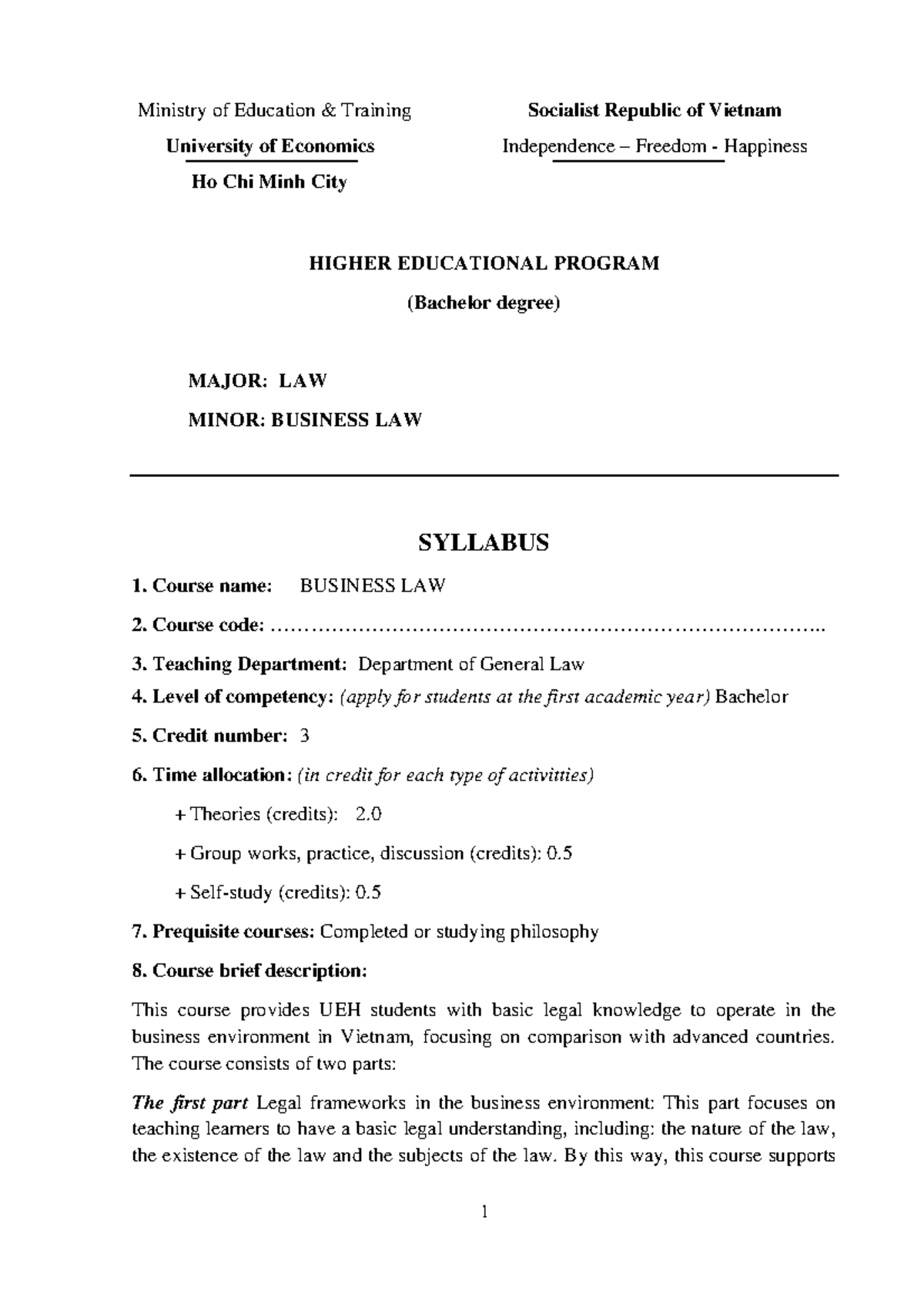 Business Law. Syllabus - Ministry of Education & Training University of ...