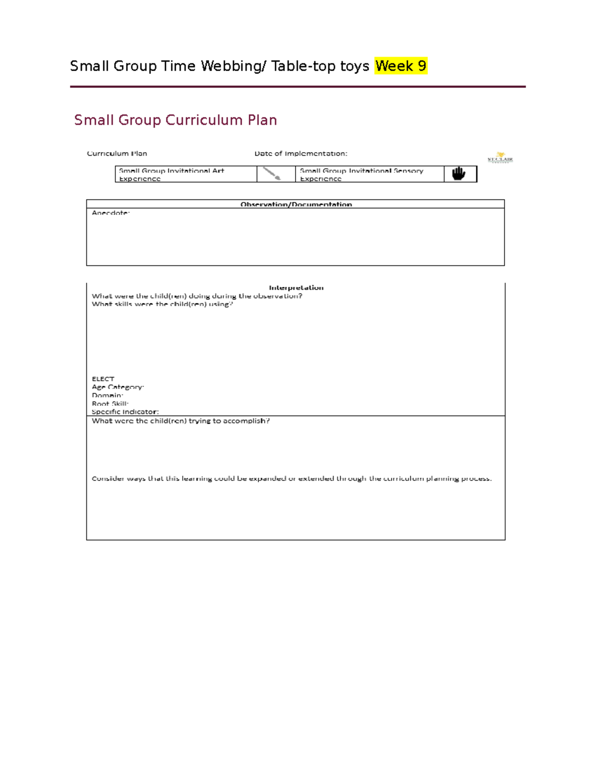 Small Group Time Webbing Week 9 - Small Group Time Webbing/ Table-top ...