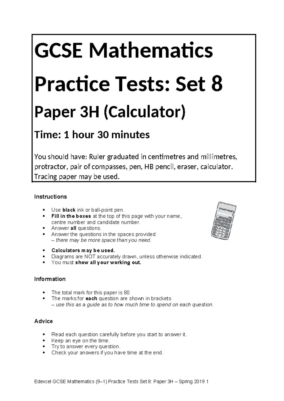 11 Practice Tests Set 8 - Paper 3H - GCSE Mathematics Practice Tests ...