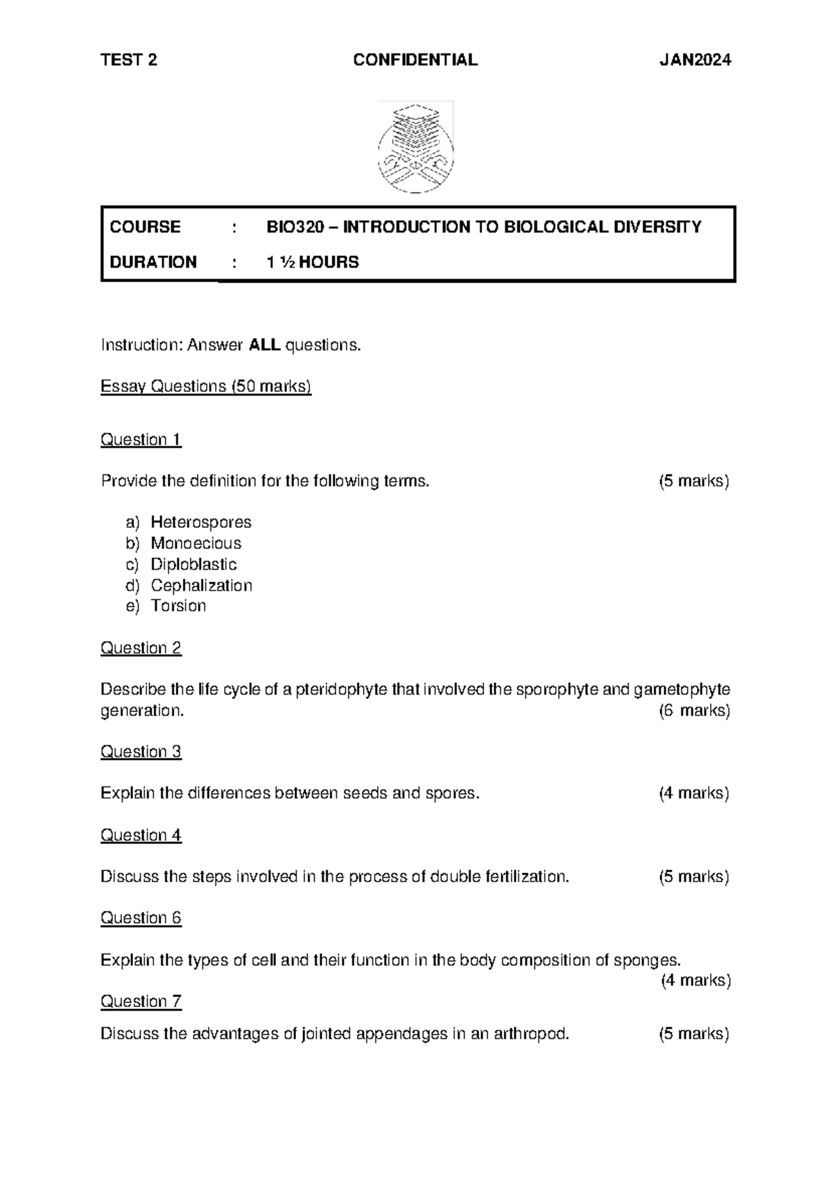 Bio320 Jan 2024 - TEST 2 CONFIDENTIAL JAN COURSE : BIO320 ...