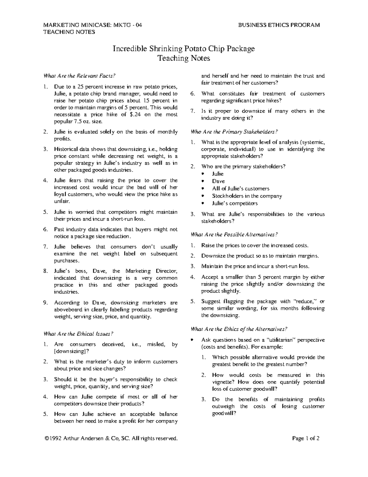 Incredible Shrinking Potato Chip - MARKETING MINICASE: MKTG - 04 ...