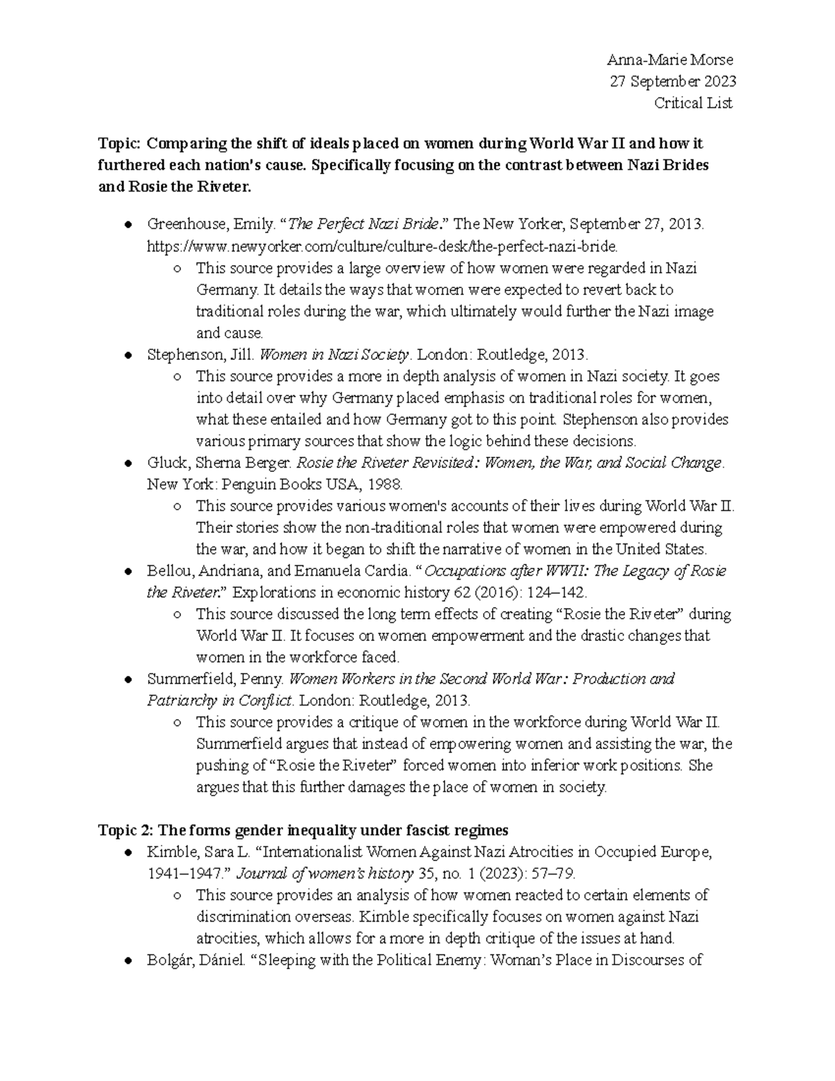 HIST4994W Critical List - Anna-Marie Morse 27 September 2023 Critical ...