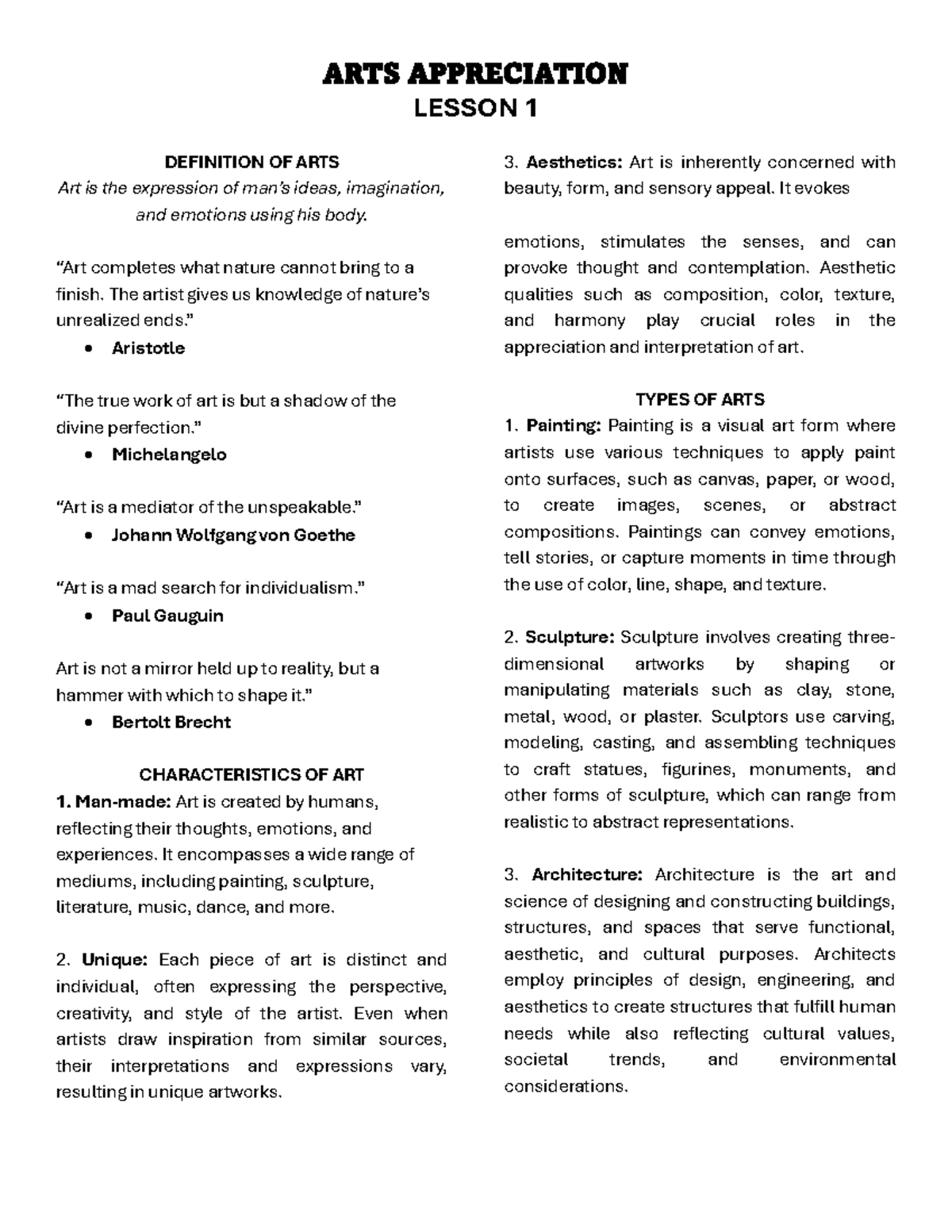 GEED 006 L1 - LESSON 1 DEFINITION OF ARTS Art is the expression of man ...