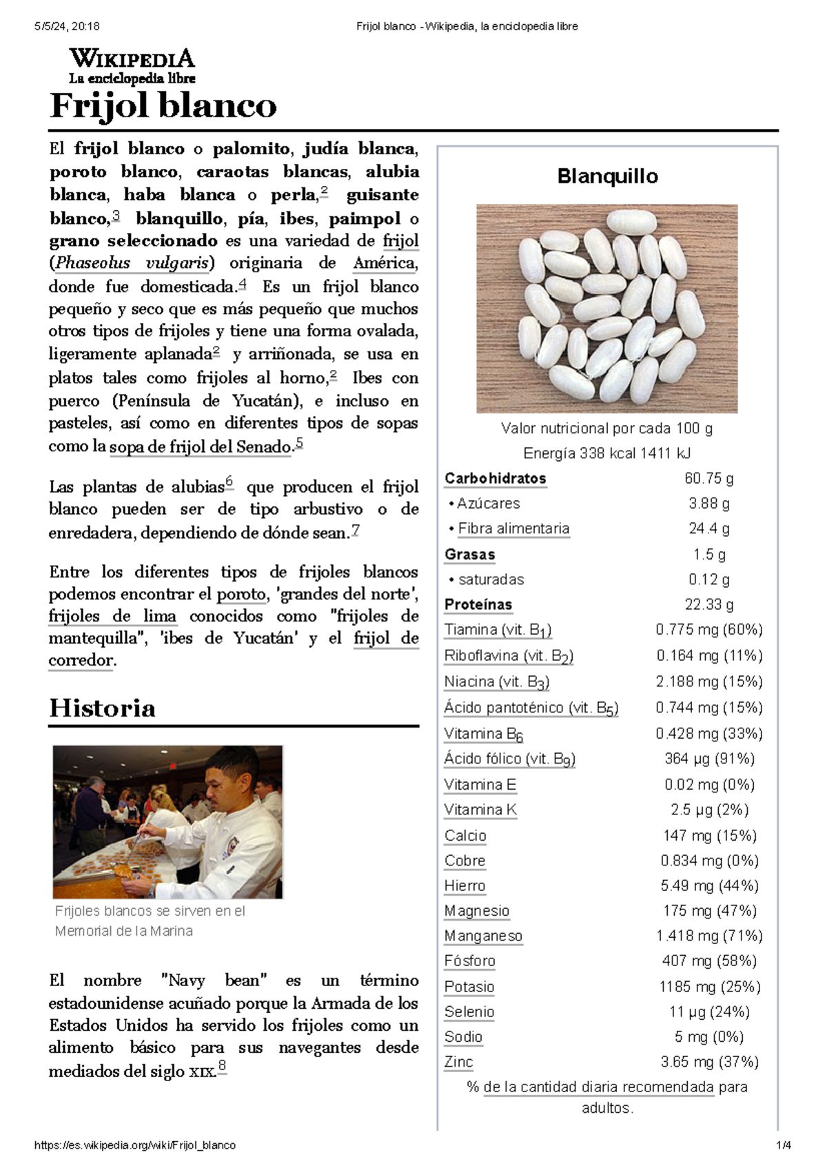 Frijol blanco - Blanquillo Valor nutricional por cada 100 g Energía 338 ...